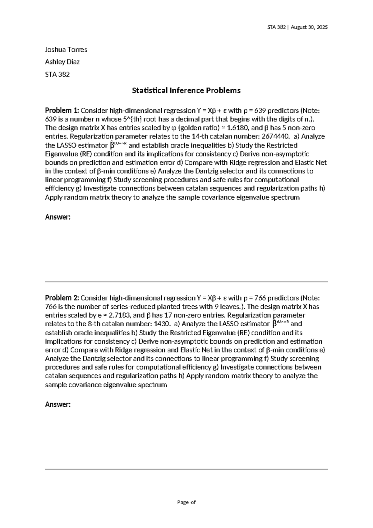 STA 382 Statistical Inference Problems and Solutions - Studocu