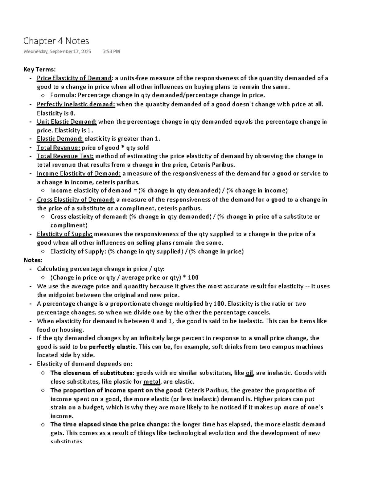 Econ C 4 - Chapter 4 Elasticity Notes and Key Terms - Studocu