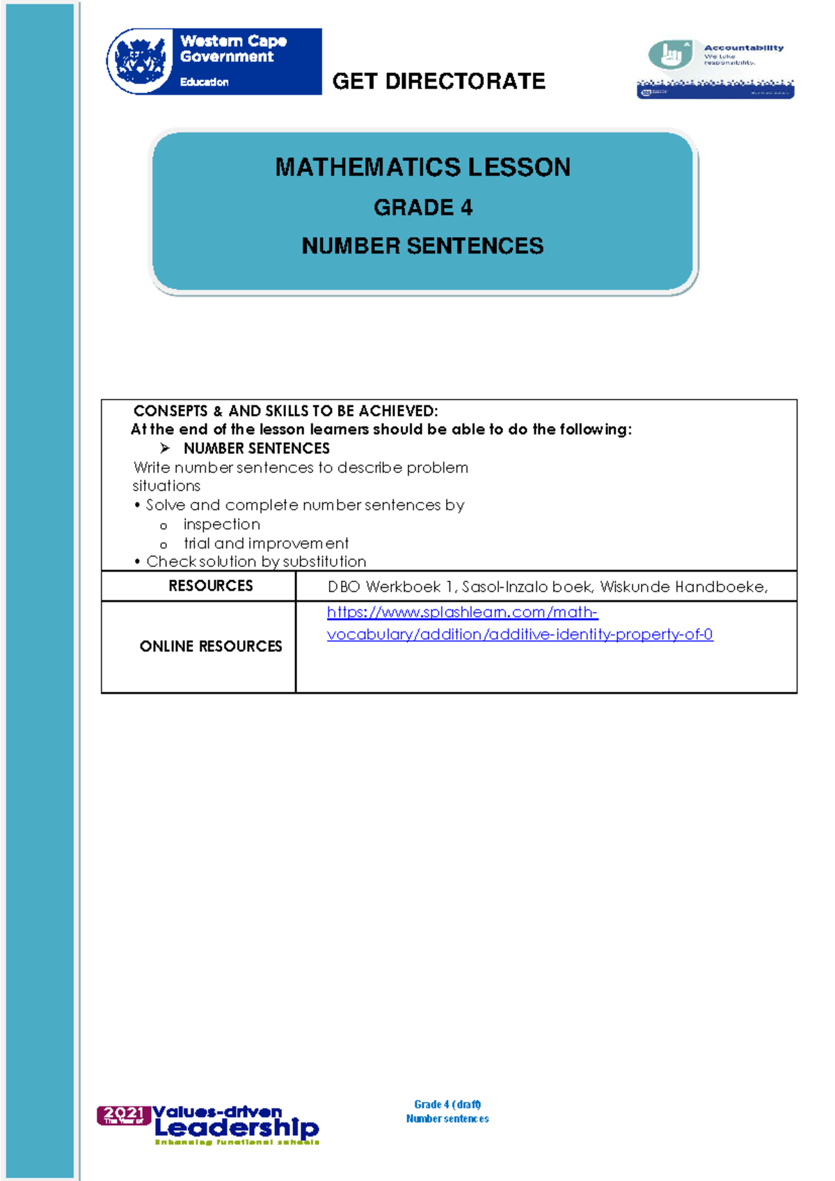Grade 4 Mathematics Lesson: Understanding Number Sentences - Studocu