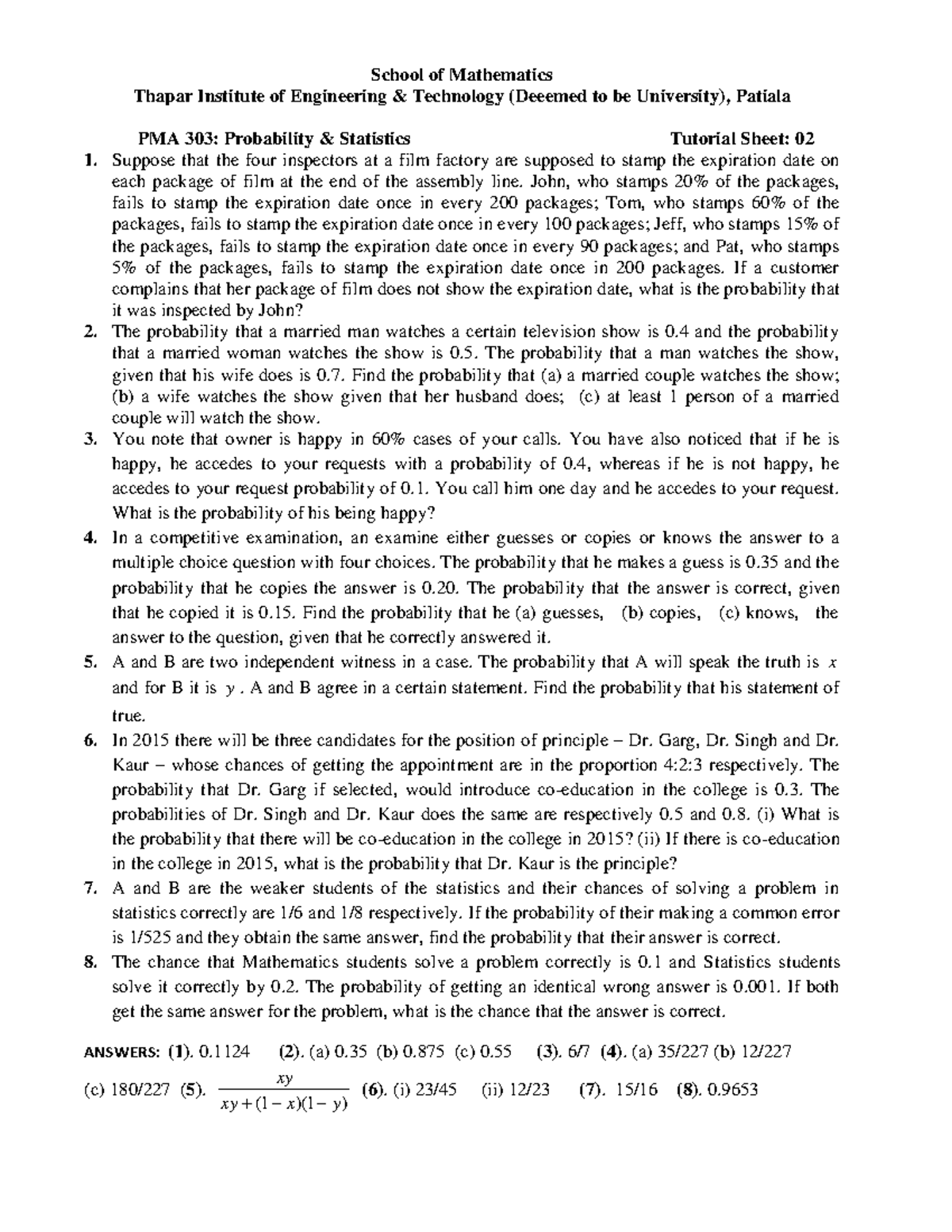 PMA 303: Probability & Statistics Tutorial Sheet 02 - Studocu