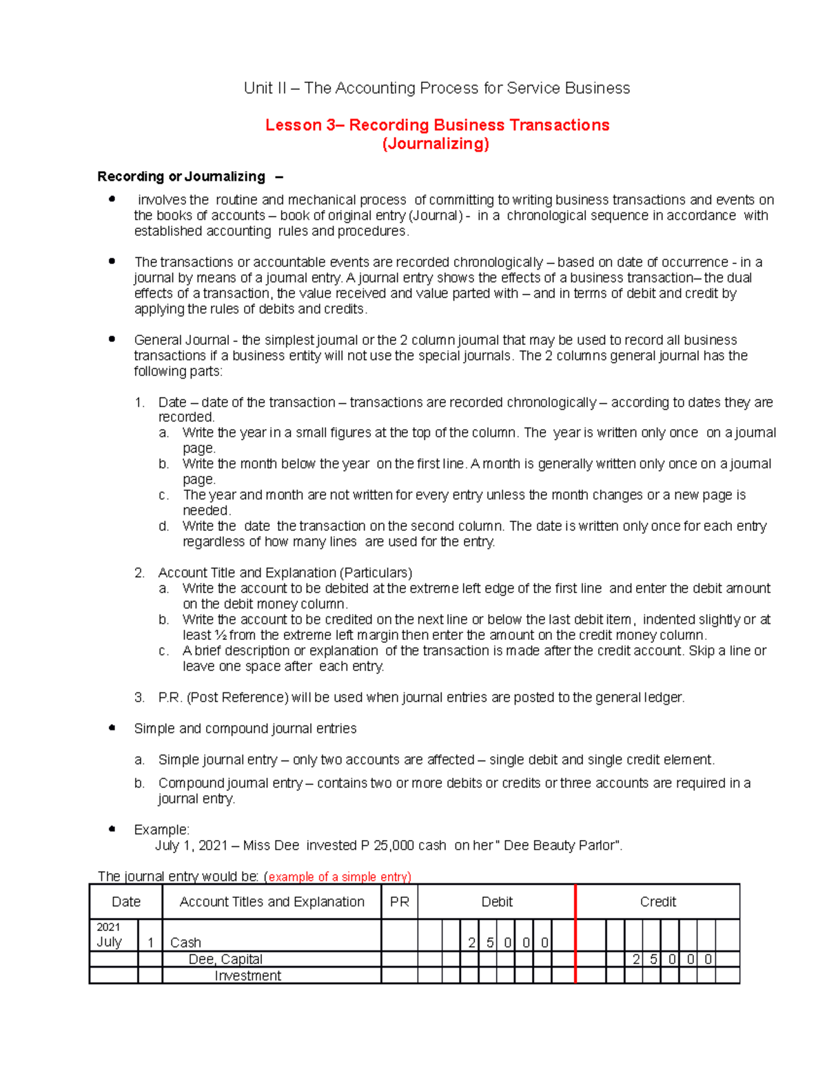 Unit II Lesson 3: Recording Business Transactions (Journalizing) - Studocu