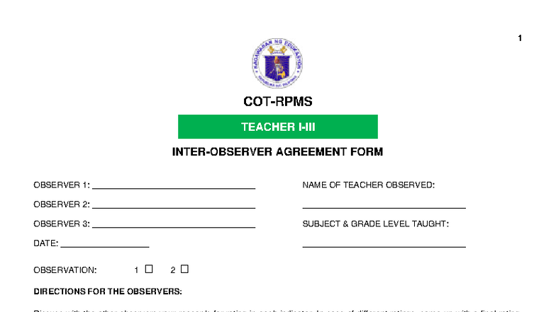 Appendix 3F COT RPMS Inter-Observer Agreement Form for T I III - Studocu