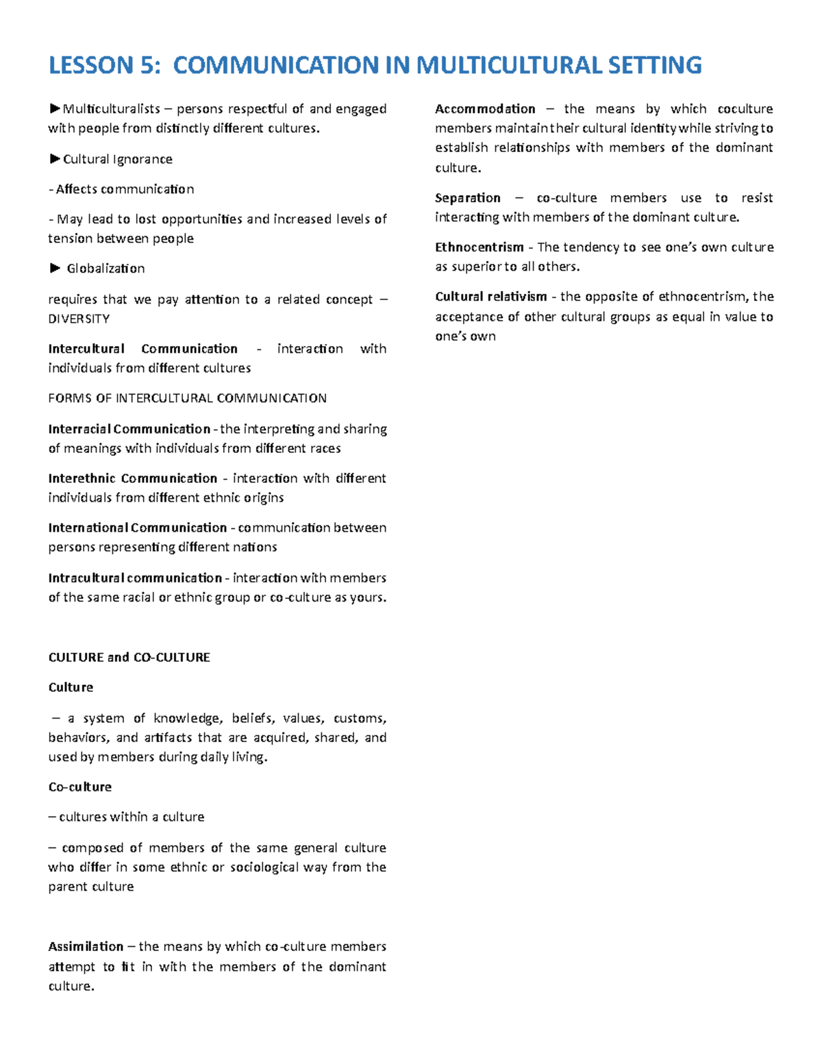 Lesson 5 Culture and Co culture - LESSON 5: COMMUNICATION IN ...