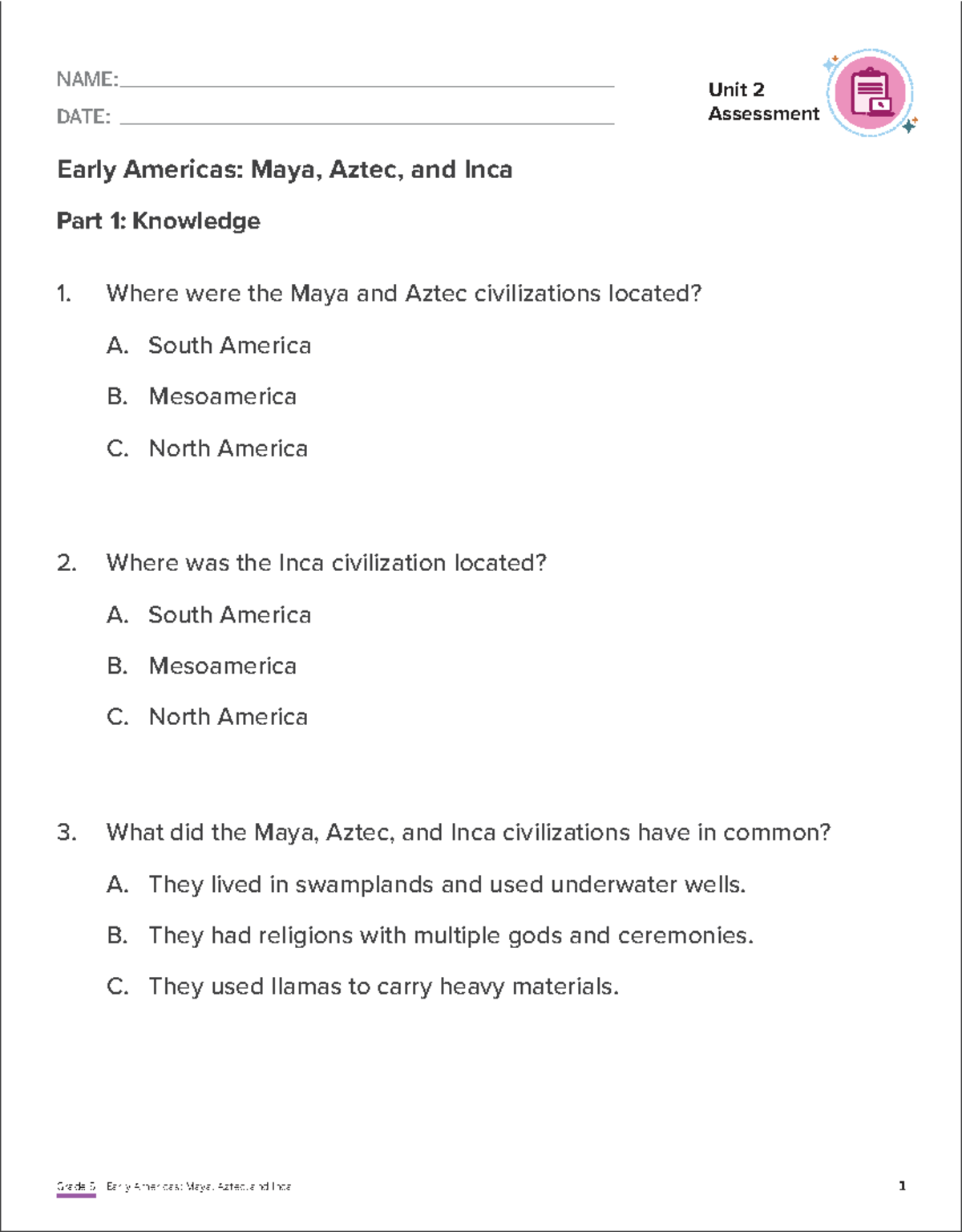 Grade 5 Unit 2 Assessment: Early Americas - Maya, Aztec, Inca - Studocu