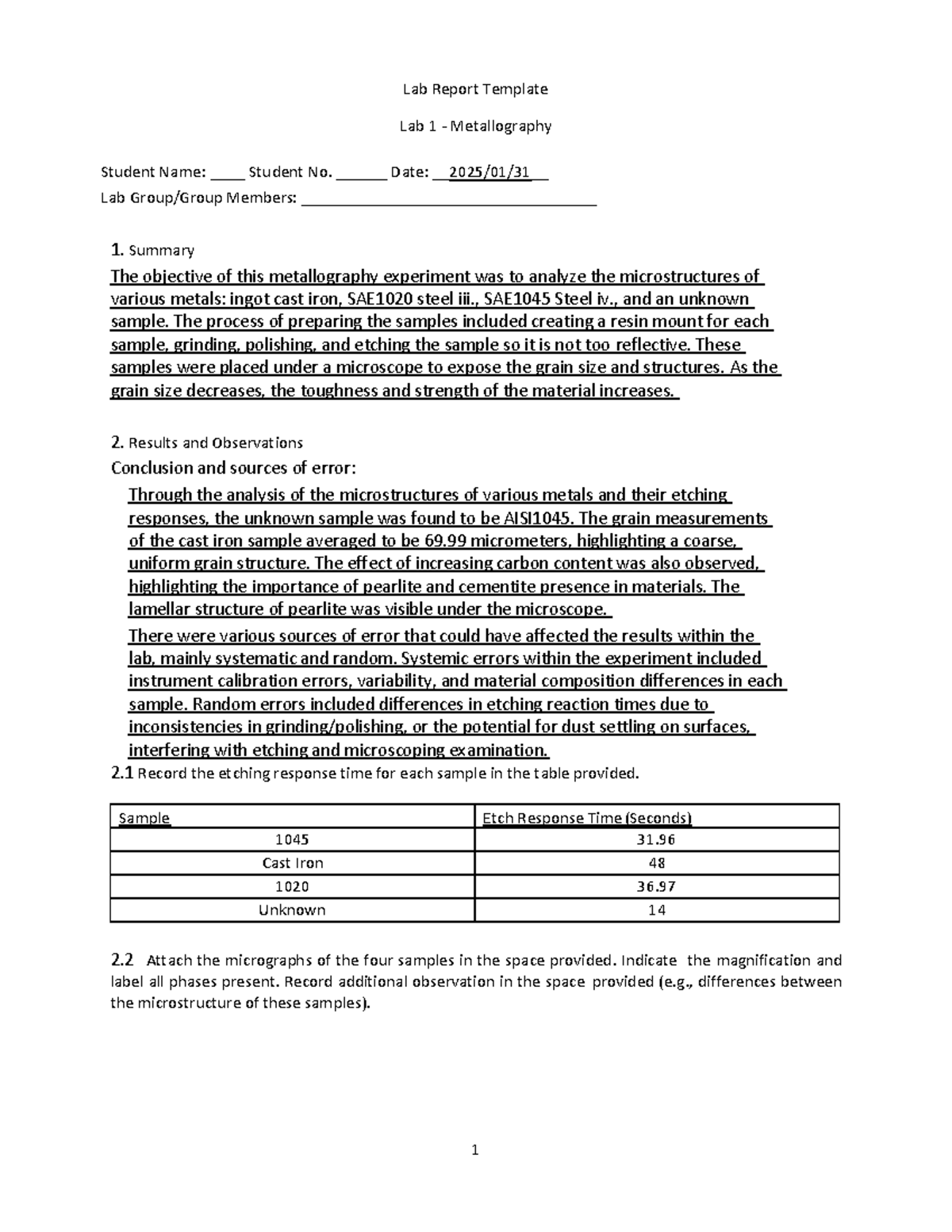 MAAE2700 Lab 01 2025 - Metallography Lab Report Template - Studocu