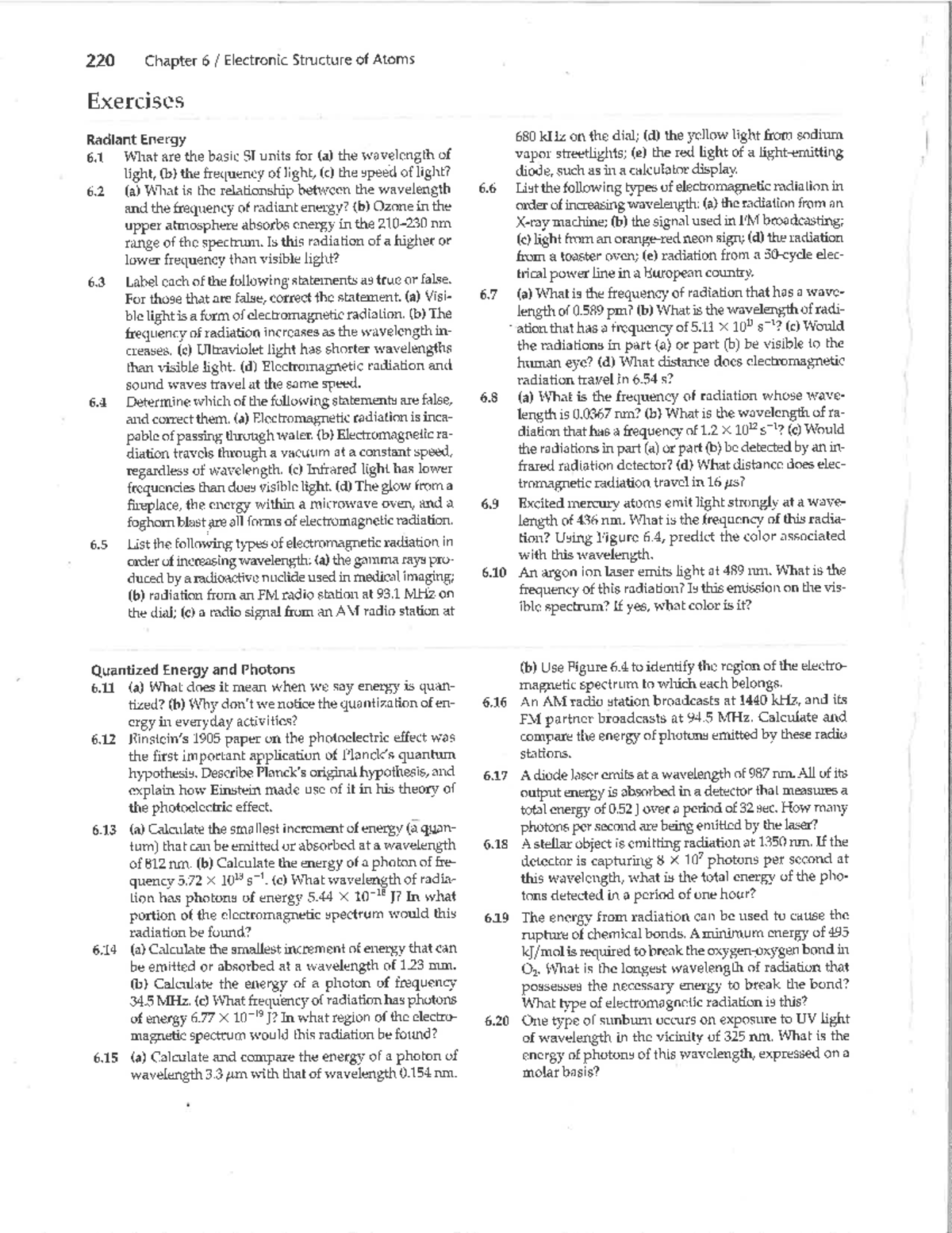 220 Chapter 6 Questions on Electronic Structure of Atoms and Radiant ...