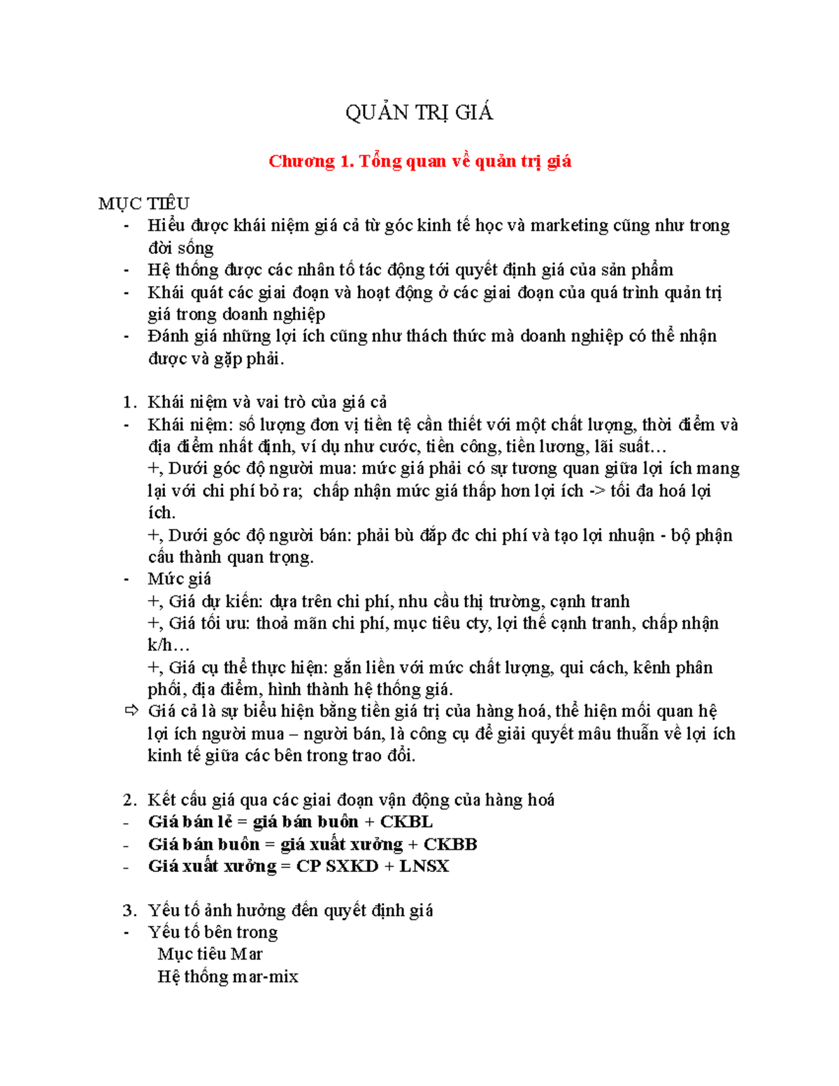 QUẢN TRỊ GIÁ - Chương 1: Tổng Quan và Chiến Lược Định Giá - Studocu