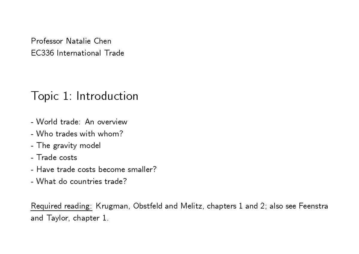EC336 International Trade: Topic 1 - Overview and Gravity Model - Studocu
