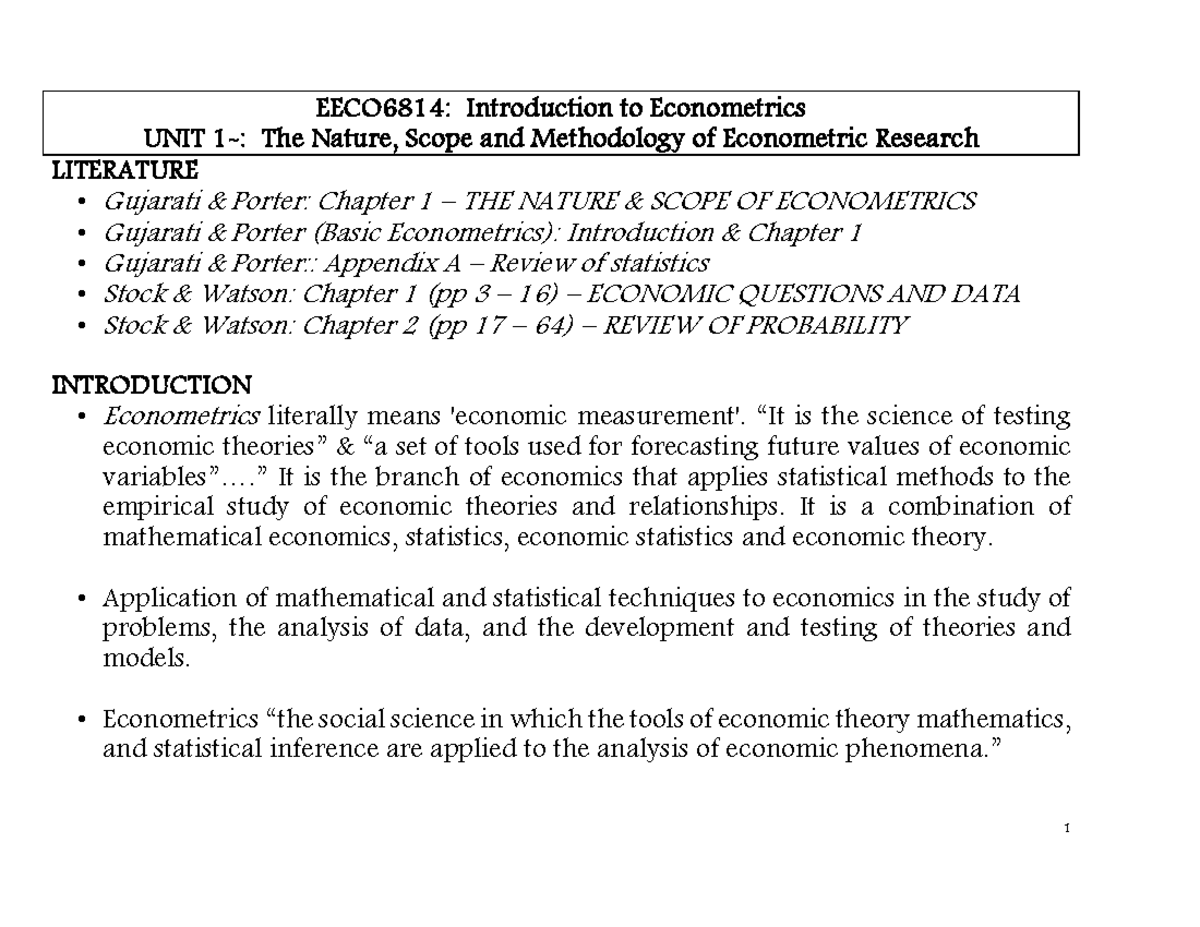 EECO6814: Intro to Econometrics Unit 1 - Nature, Scope & Methodology ...