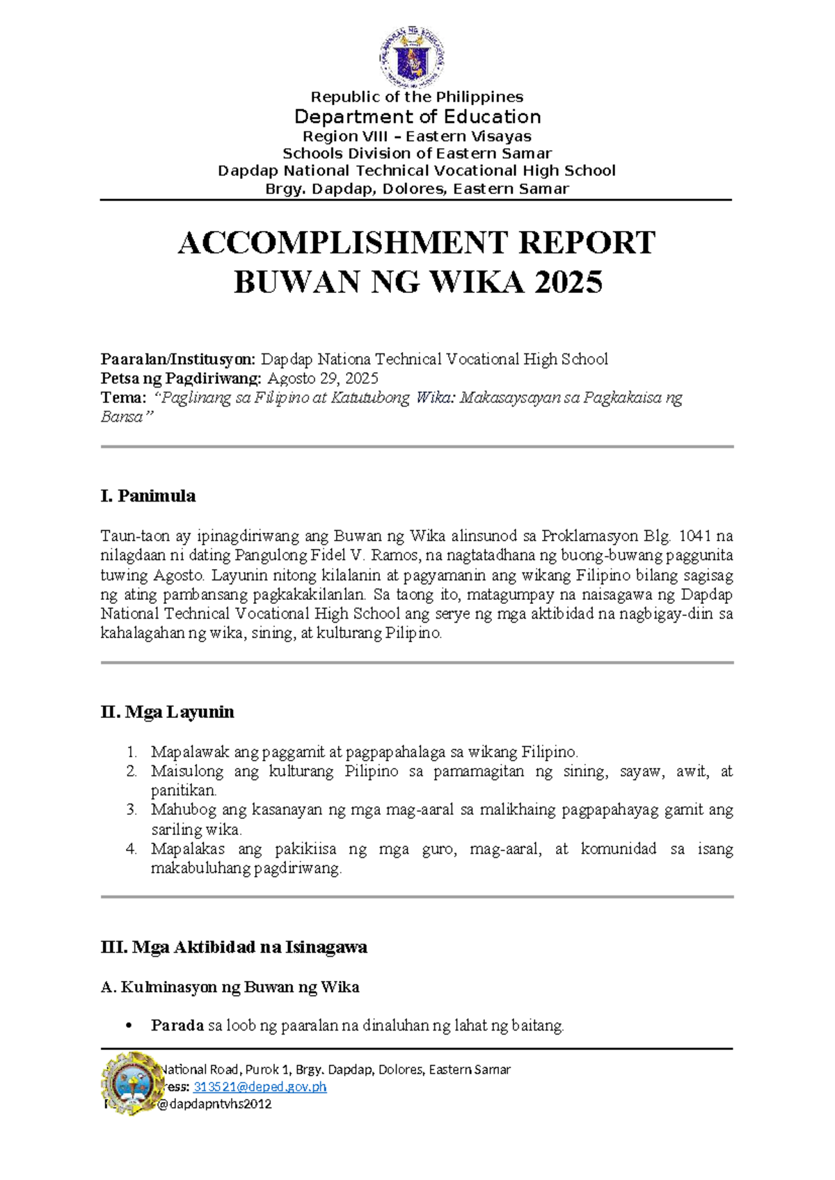 Accomplishment Report: Buwan ng Wika 2025 - DNTVHS - Studocu