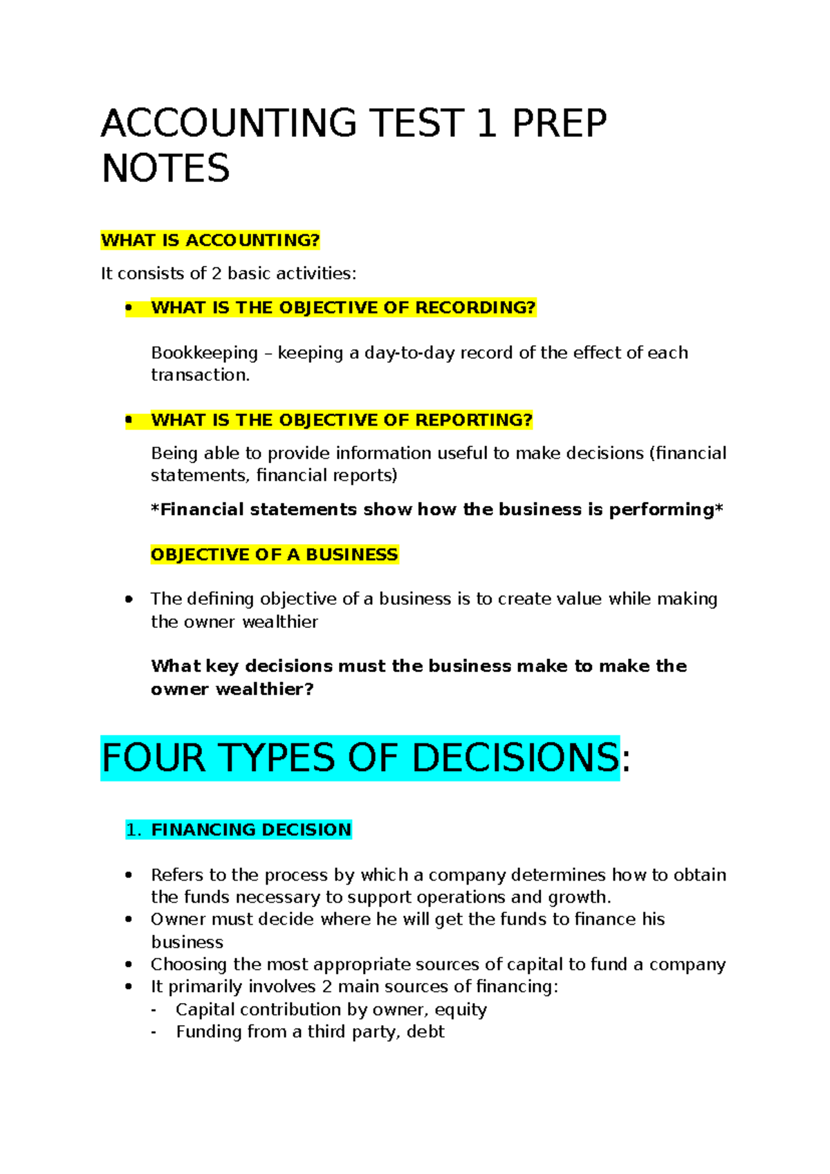ACC1006F Test 1 Prep Notes: Understanding Accounting Fundamentals - Studocu