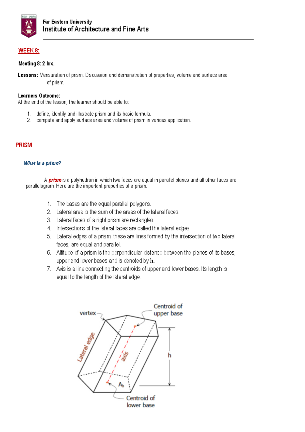 WEEK 8: Mensuration of Prism - Properties, Volume & Surface Area (ARCH 101) - Studocu