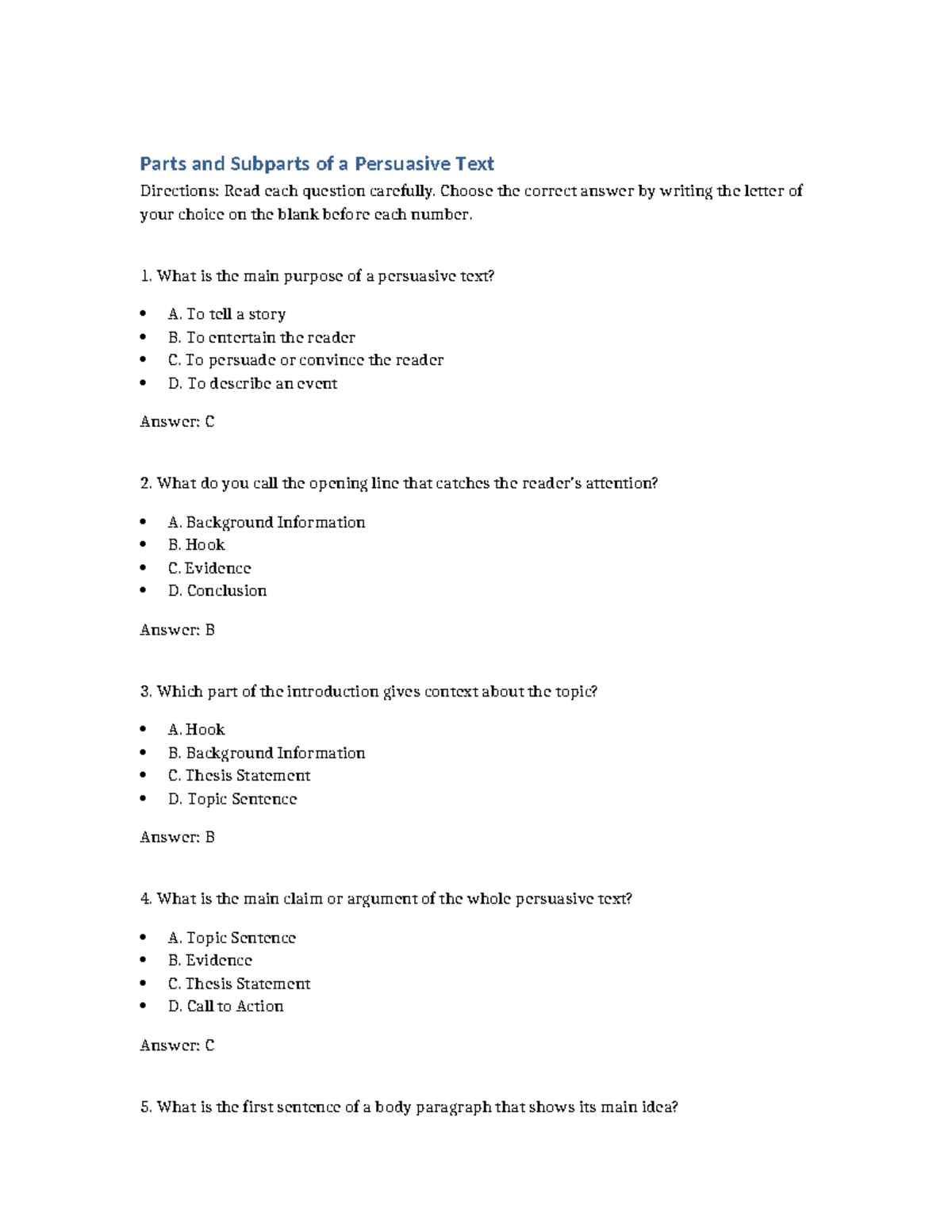 Parts and Subparts of a Persuasive Text Quiz - Studocu