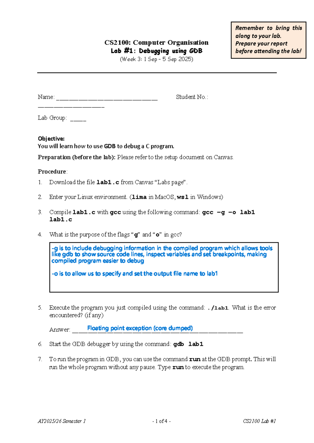 CS2100: Lab 1 - Debugging with GDB (Week 3) Report Guide - Studocu