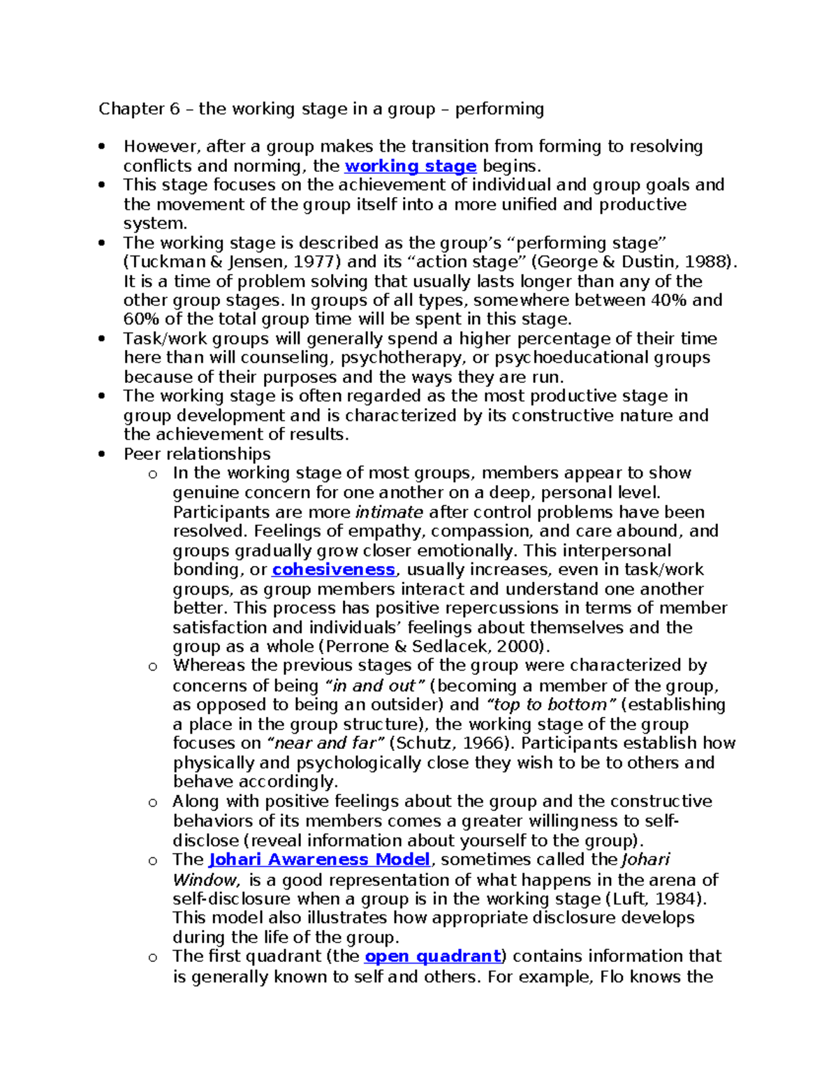 Chapter 6 – The Working Stage in a Group: Performing Dynamics - Studocu