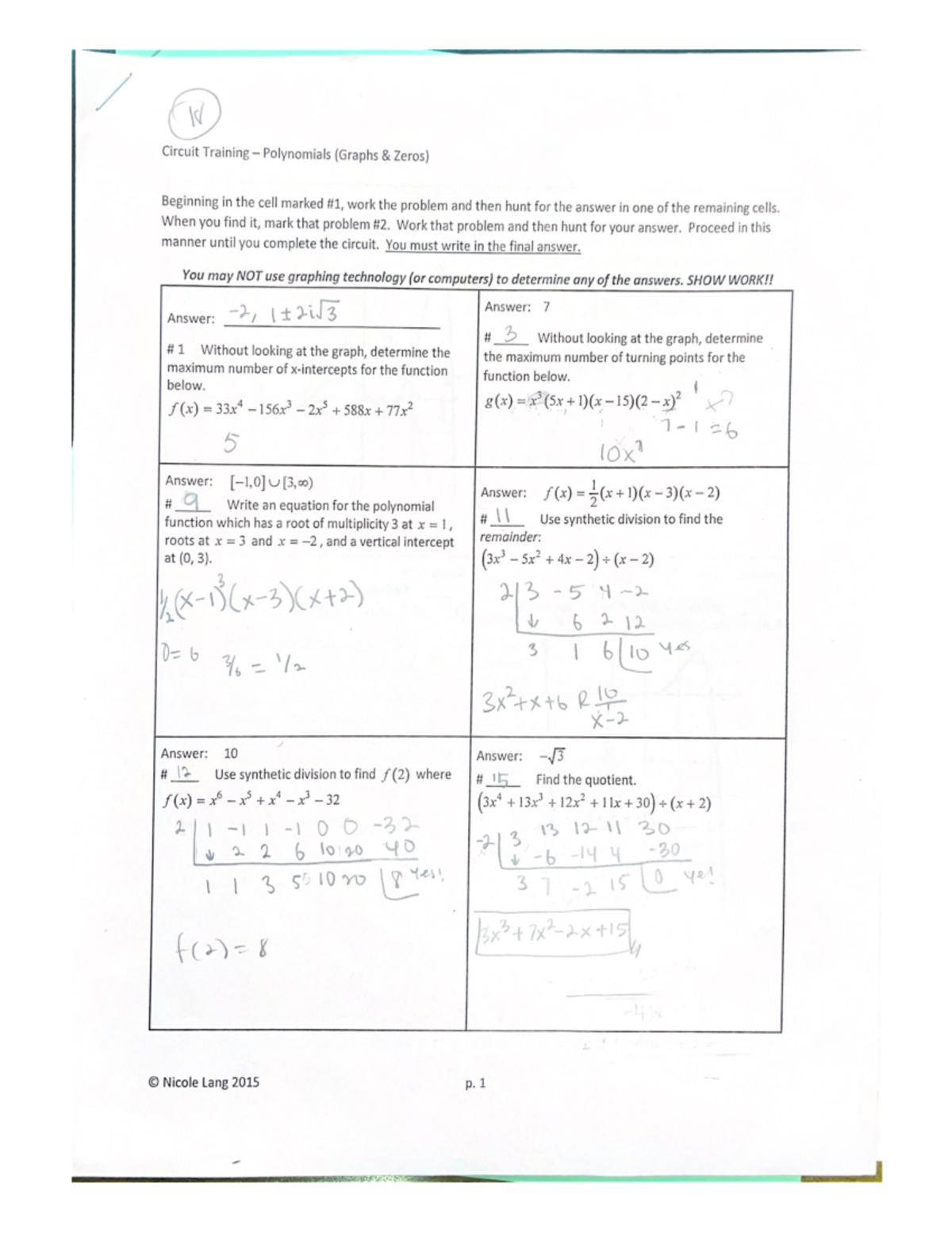 Circuit Training - Polynomials (Graphs & Zeros) Pre-calculus, Section 3 ...