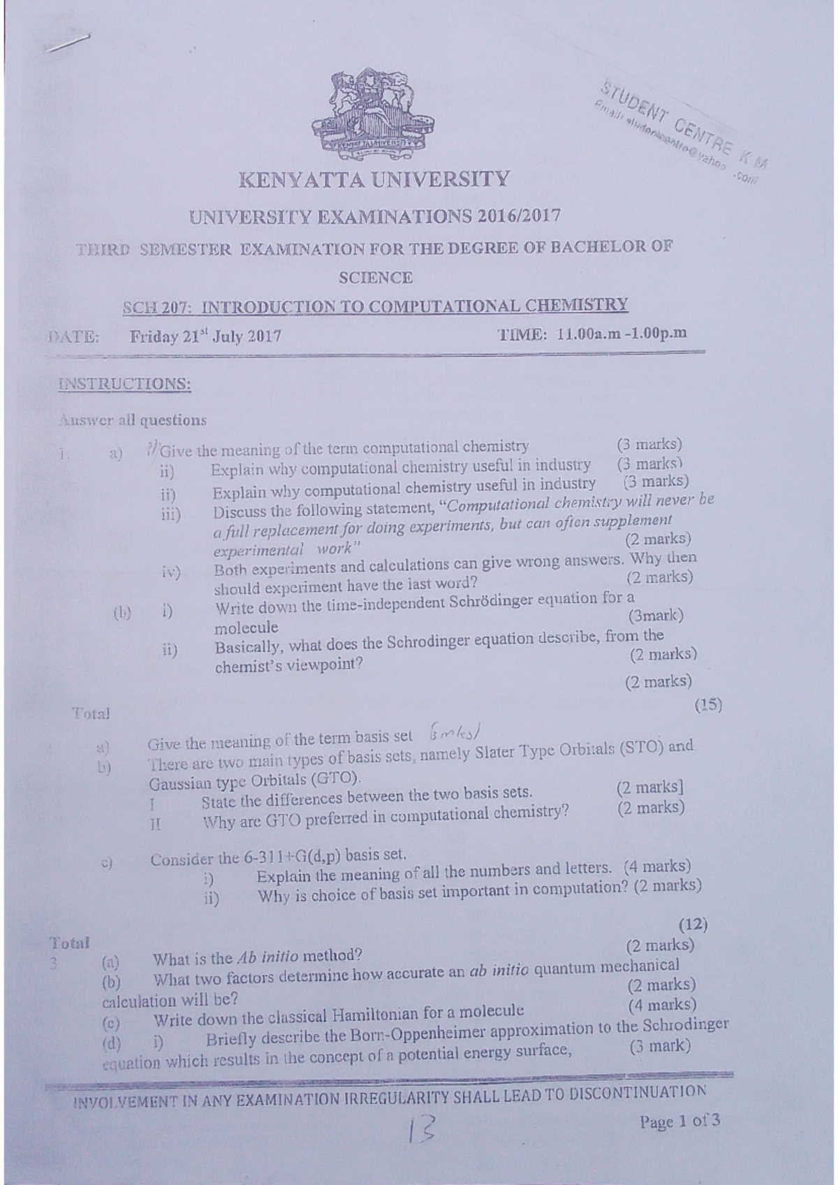 SCH 207: Past Exam Papers for Introduction to Computational Chemistry ...
