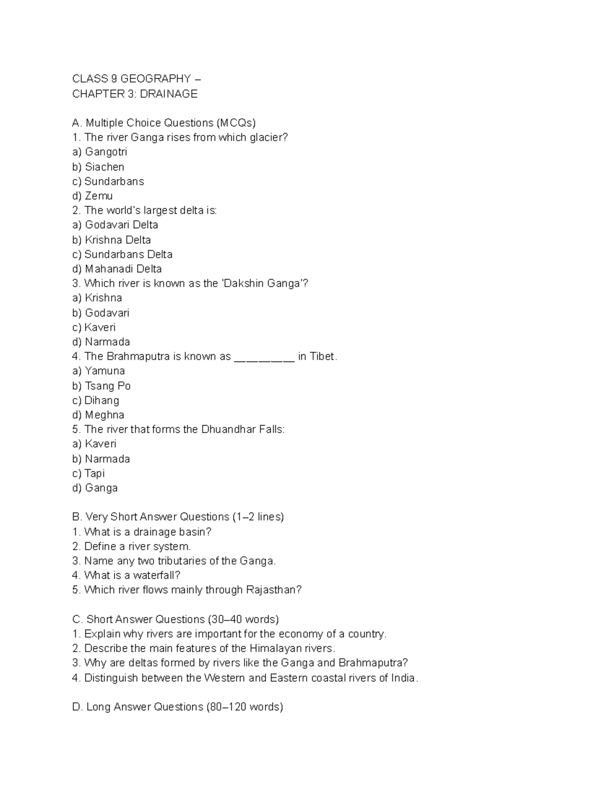 CLASS 9 GEOGRAPHY CHAPTER 3: DRAINAGE MCQs & Notes - Studocu