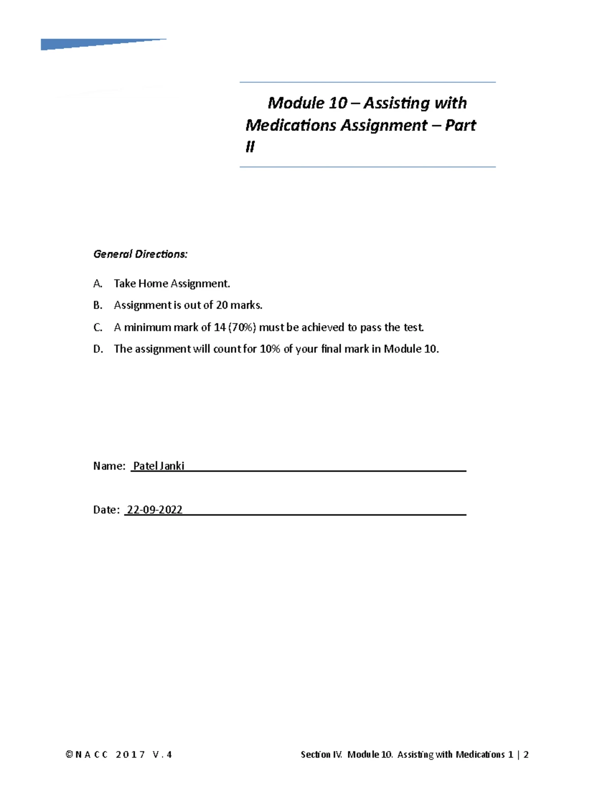 Module 10 – Assisting with Medications Assignment – Part I - Modul 10 ...