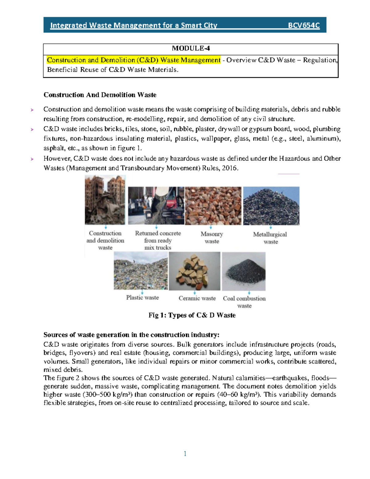 Integrated Waste Management for Smart Cities: BCV654C Overview of C&D Waste - Studocu