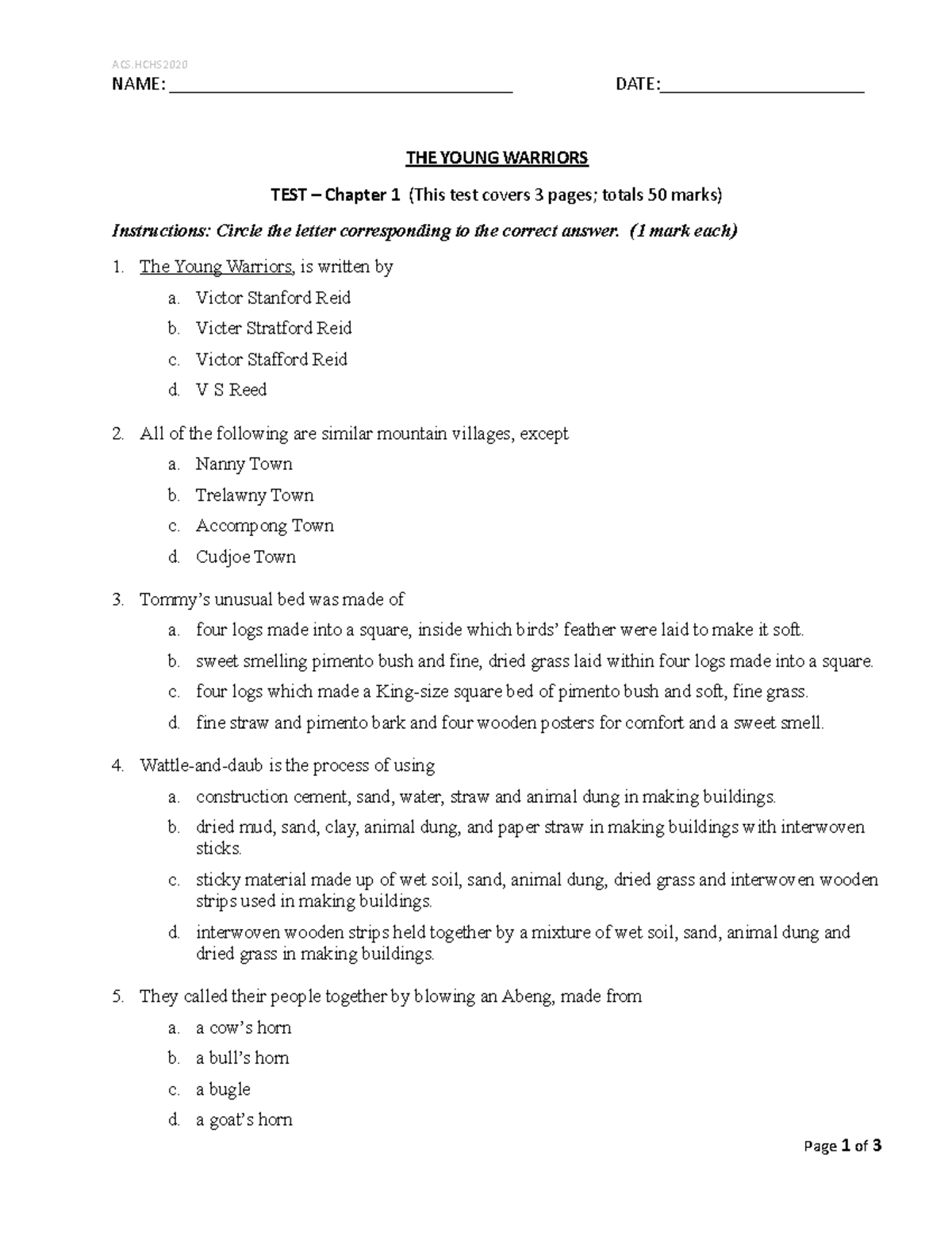 ACS.HCHS - Quiz on Chapter 1: The Young Warriors (50 marks) - Studocu