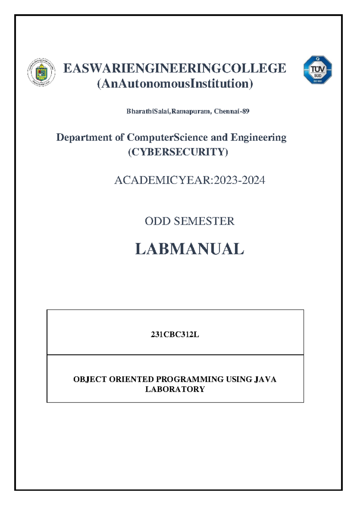 Java Lab Manual for OOP Using Java (231CBC312L) - Odd Semester - Studocu