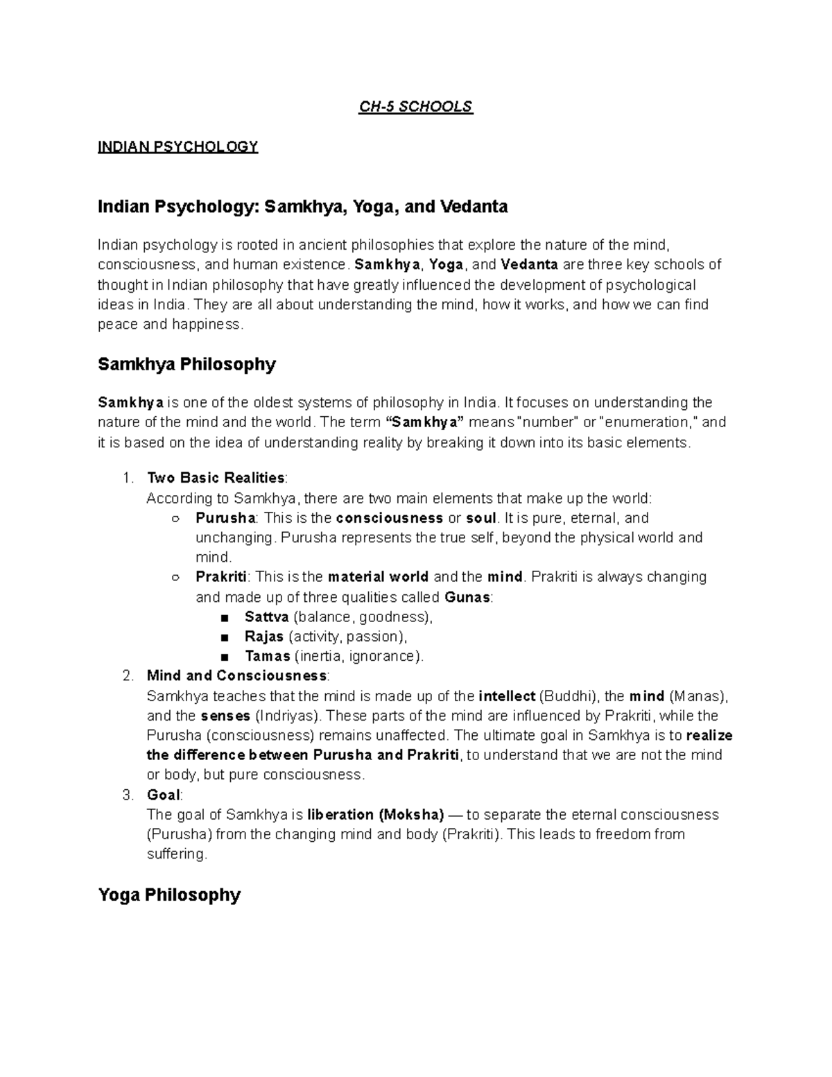 CH-5 Schools of Indian Psychology: Samkhya, Yoga, and Vedanta Notes ...