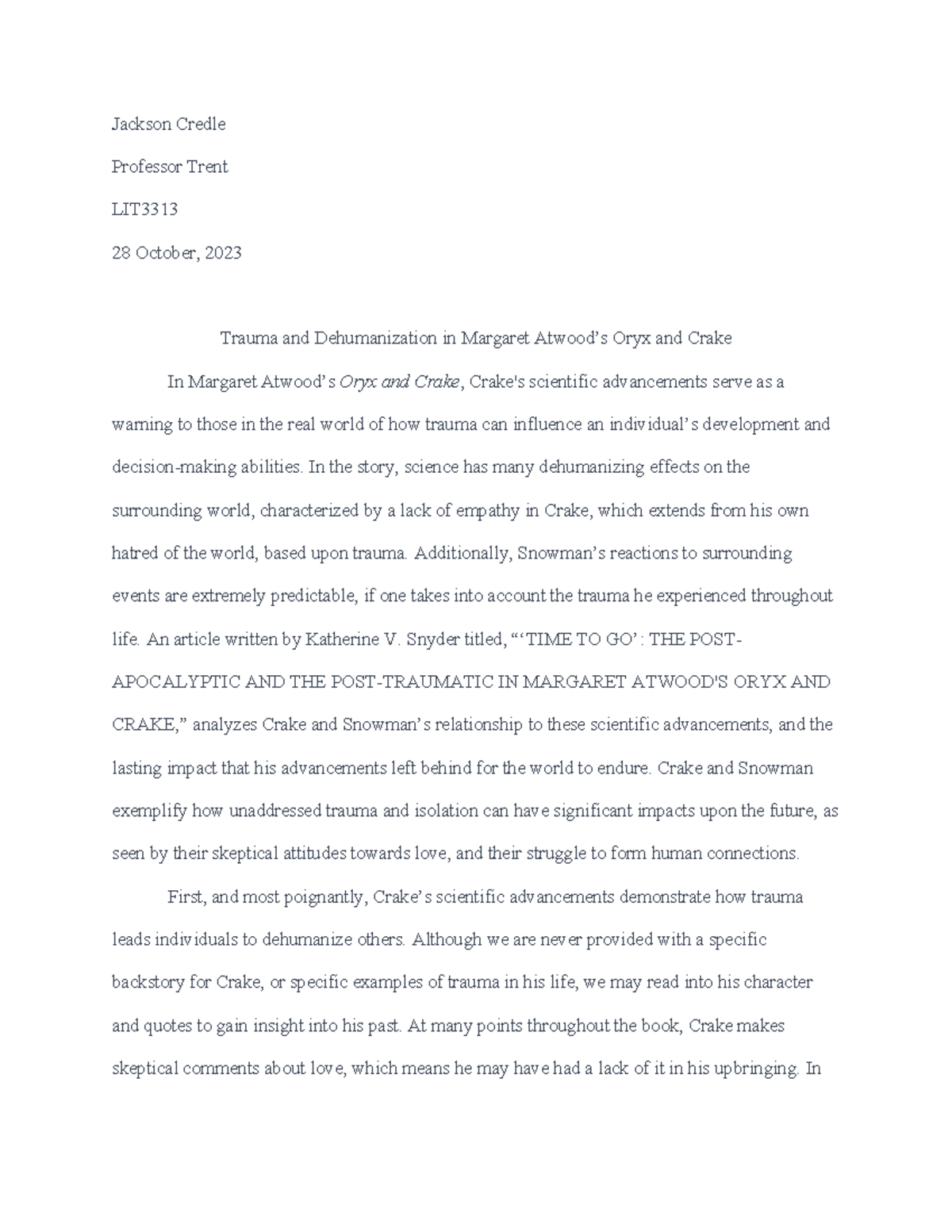LIT Essay: Trauma and Dehumanization in Atwood’s Oryx and Crake - Studocu