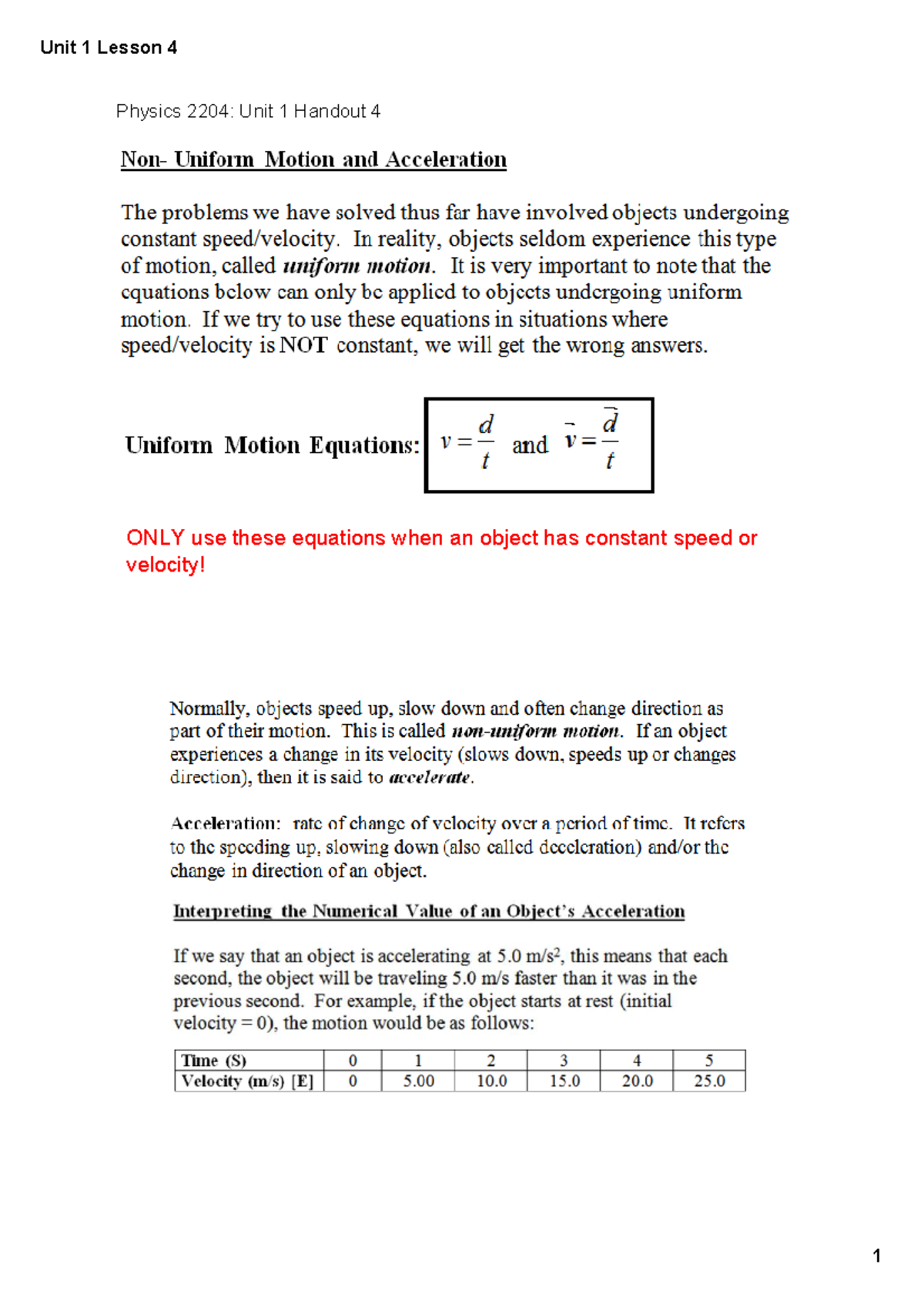 Physics 2204: Unit 1 Lesson 4 - Constant Speed & Velocity Equations ...