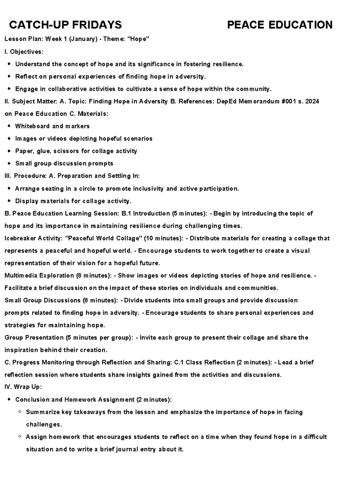 G5 Cuflp@ Peace Education - Lesson Plan: Week 1 (January) - Theme ...