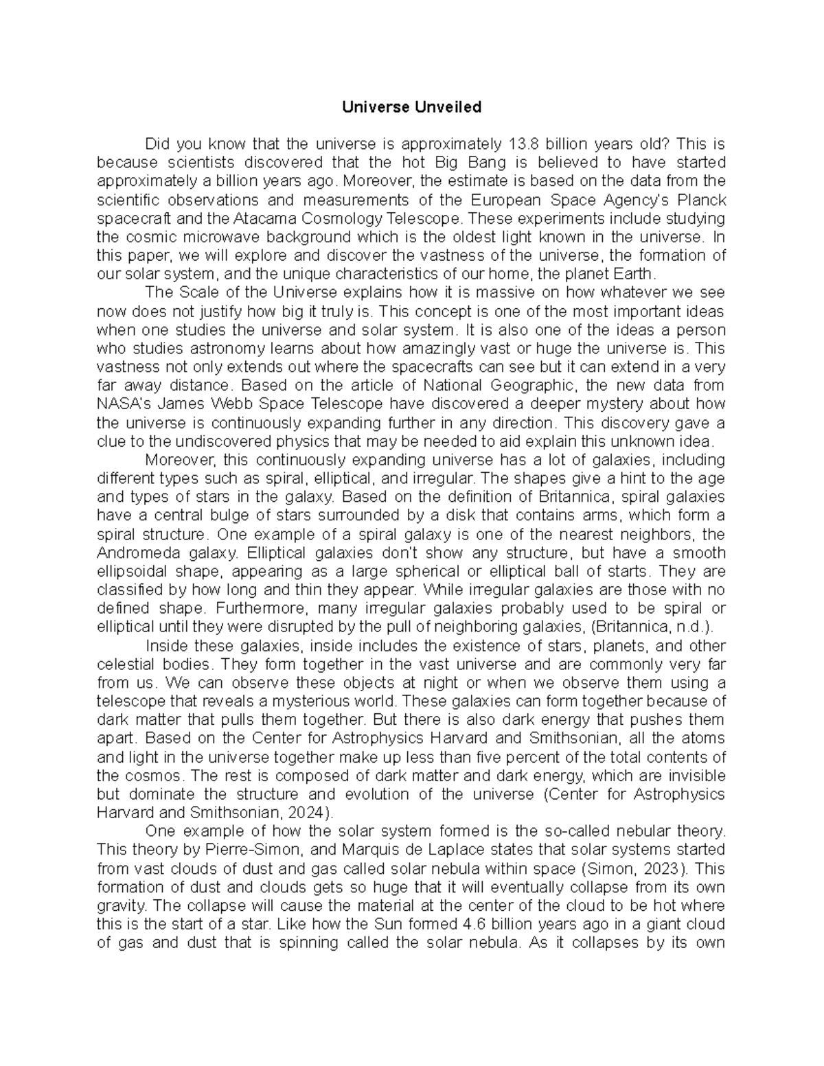 COSC 101 Essay: Exploring the Age and Vastness of the Universe - Studocu