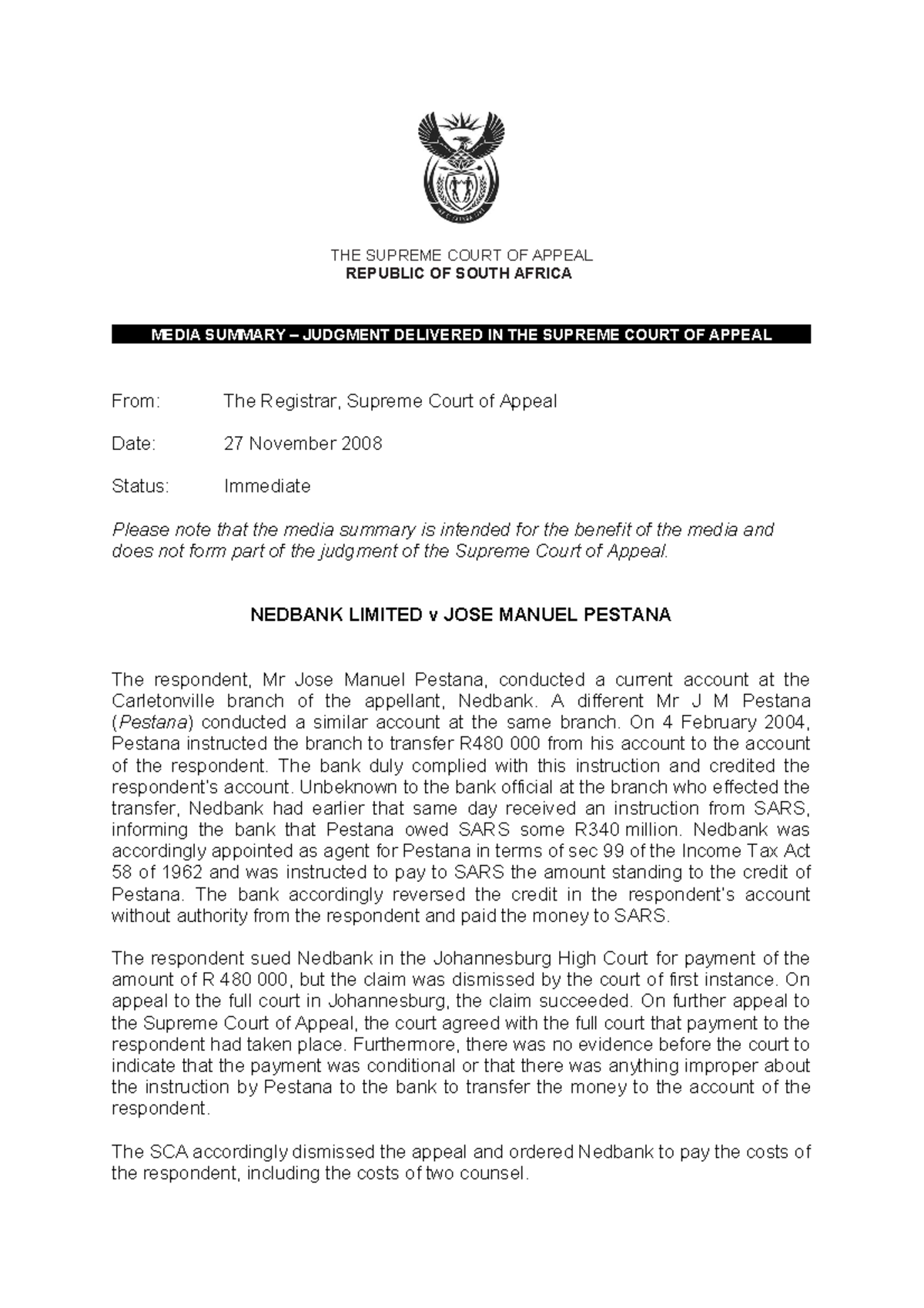NEDBANK v PESTANA: SCA Judgment Summary for INPA Module - Studocu
