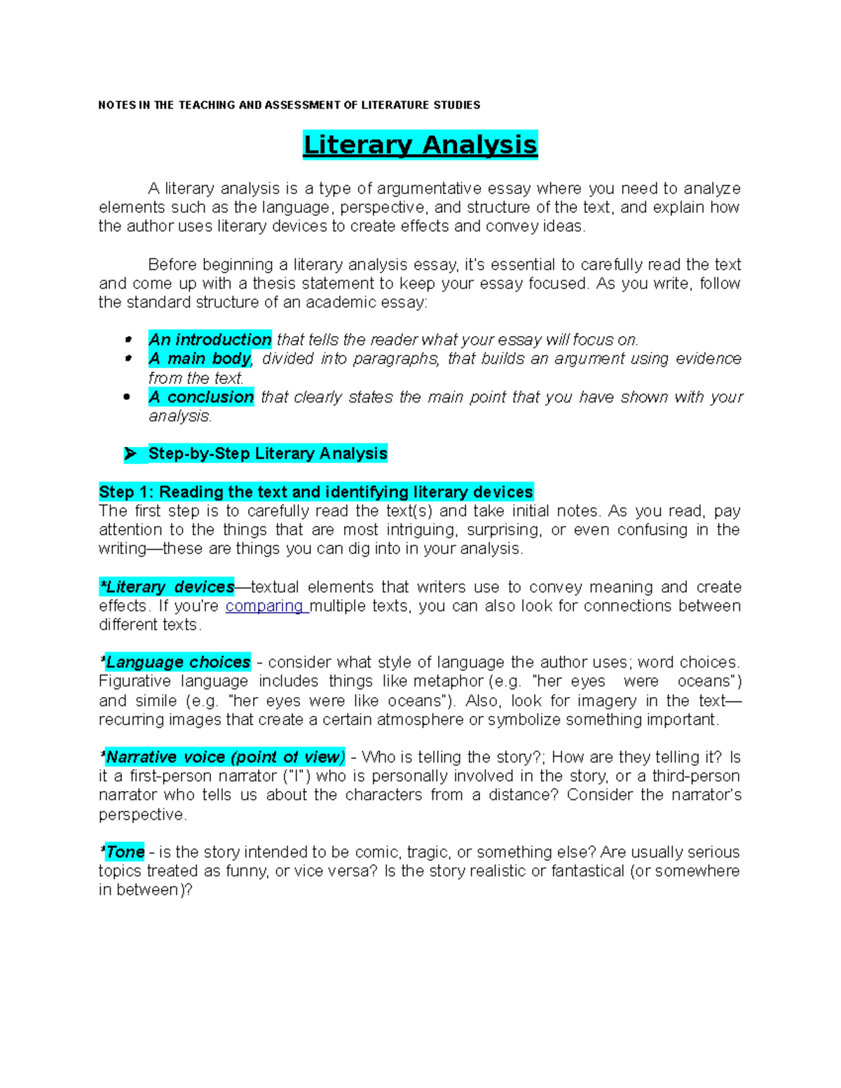 Literary Analysis - Lecture Notes In EngEd 312 - NOTES IN THE TEACHING ...