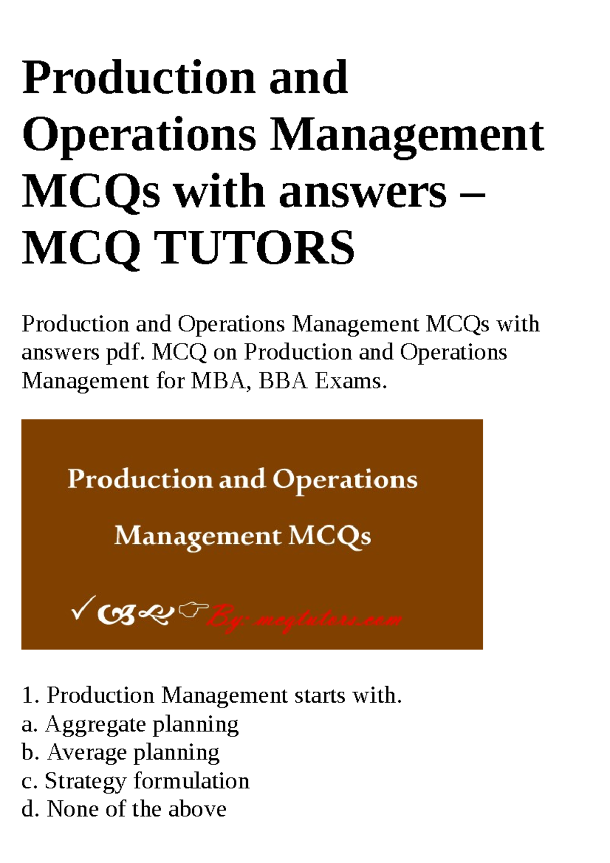 Production and Operations Management MCQs with Answers for MBA/BBA ...