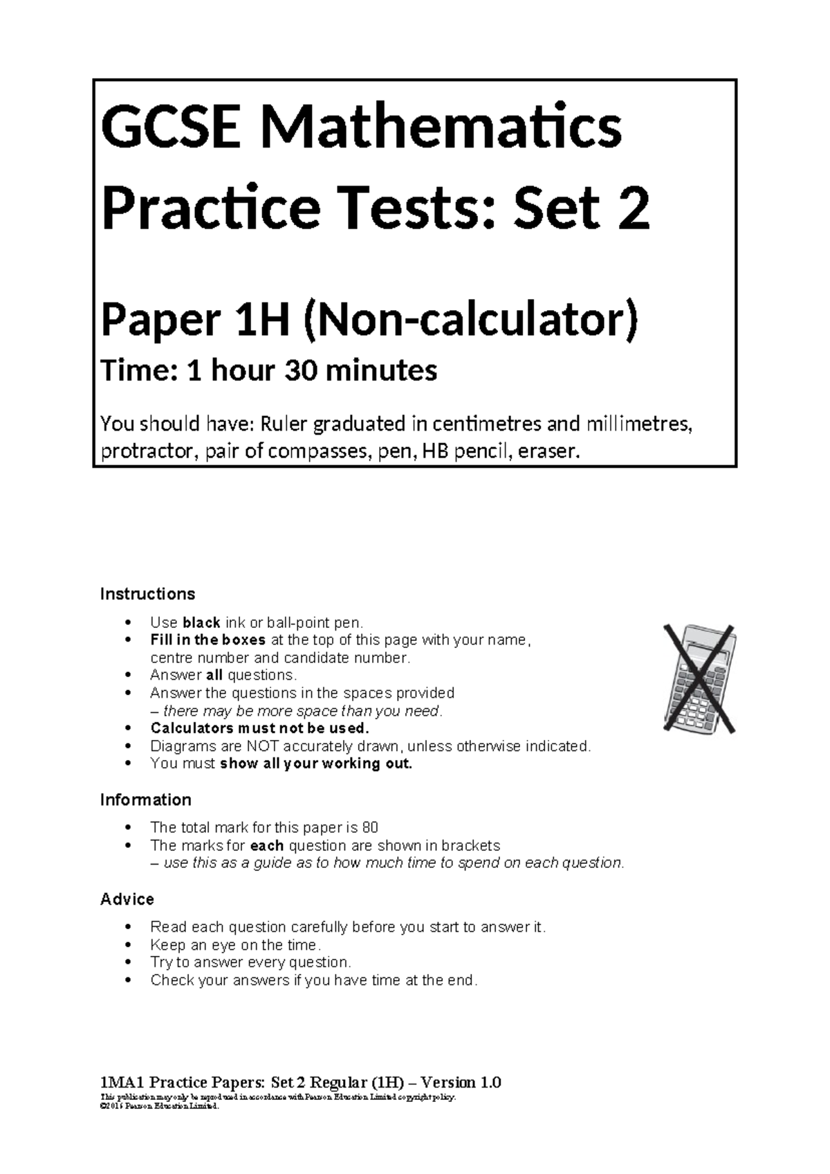 GCSE Maths Practice Tests: 1MA1 Set 2 Paper 1H - Studocu