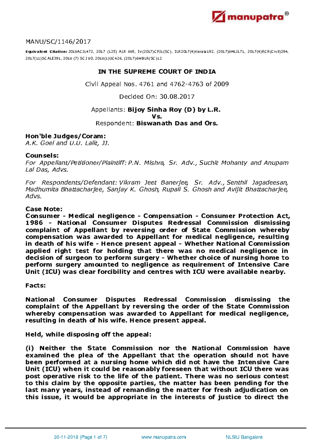 5. Medical Negligence Bijoy Sinha Roy D by LR vs Biswanath Das and Ors ...