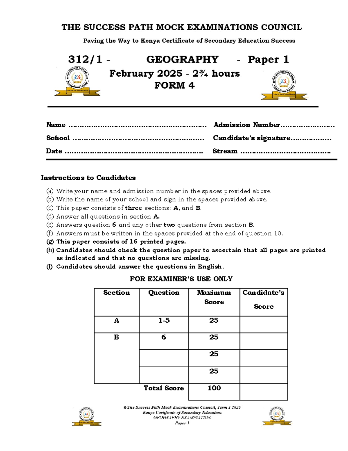 Success FEB Geography PP1 F4 T1 QS - Name - Studocu