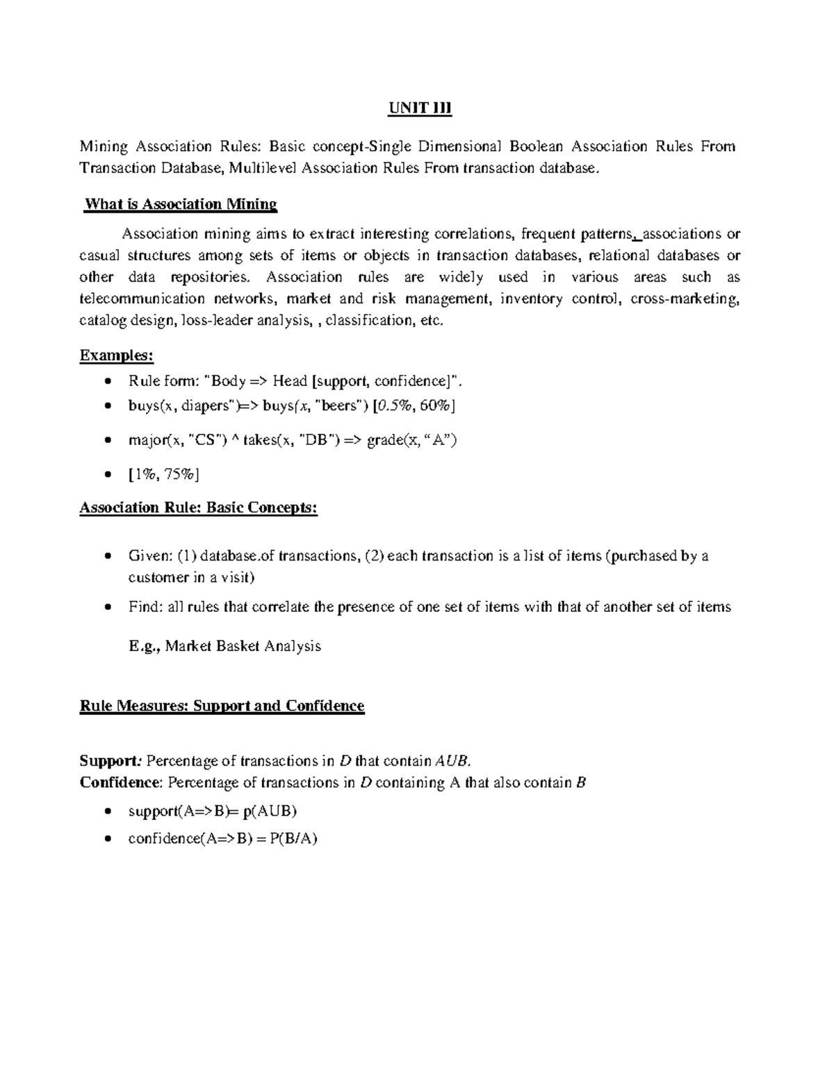 DATA Mining Notes: Association Rules & Apriori Algorithm Overview - Studocu