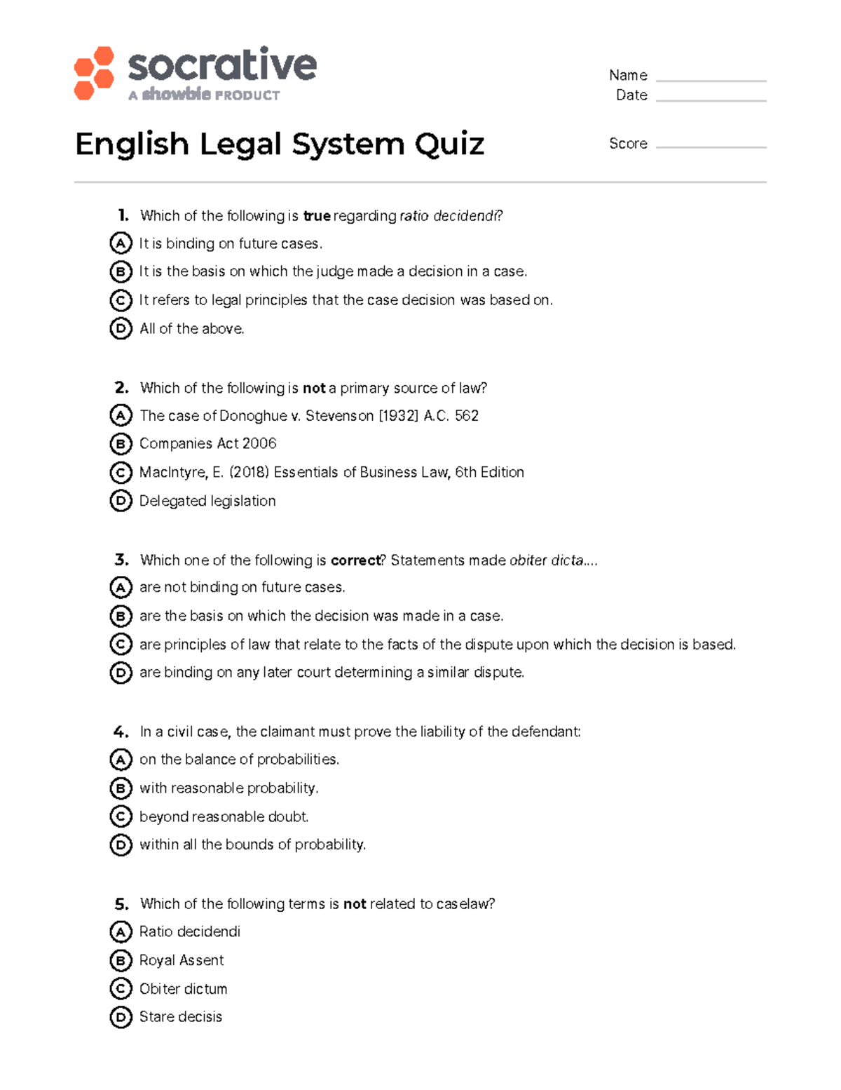 English Legal System Quiz - Key Questions and Answers - Studocu
