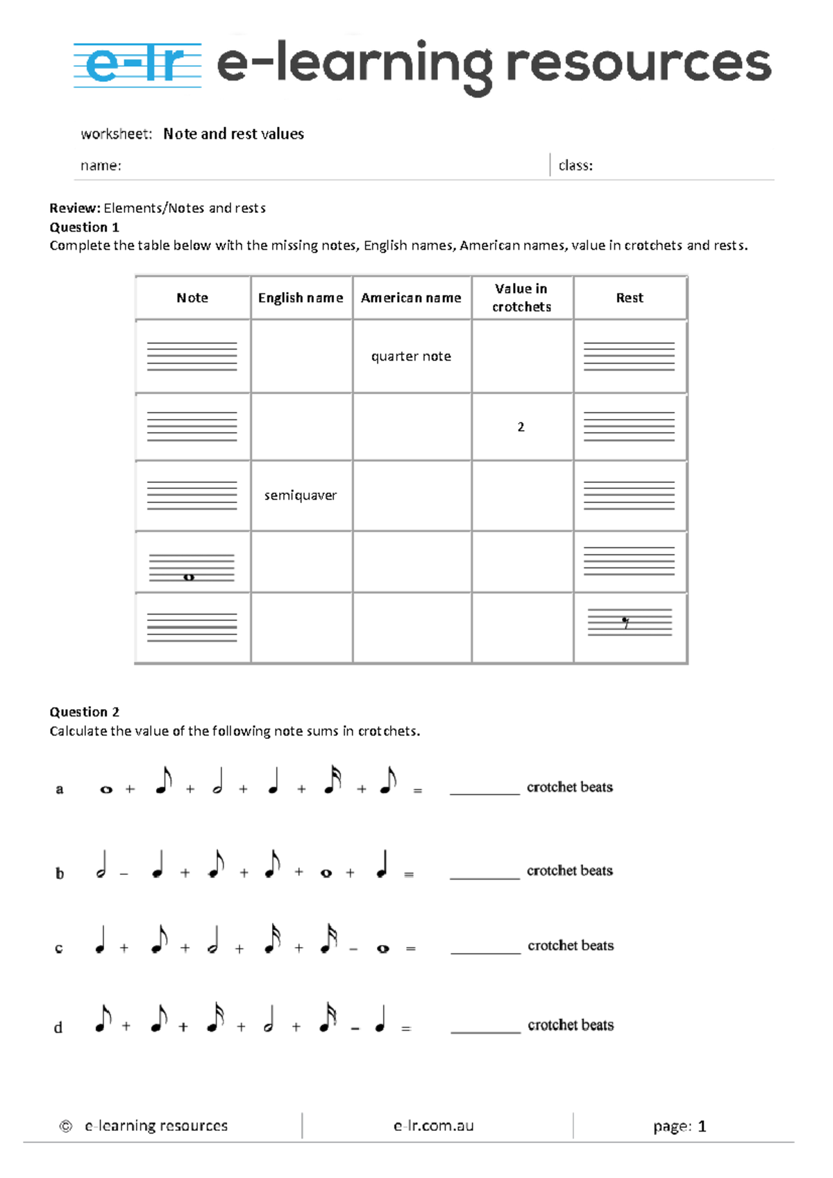 Note and Rest Values Review: Complete the Table and Calculate - Studocu