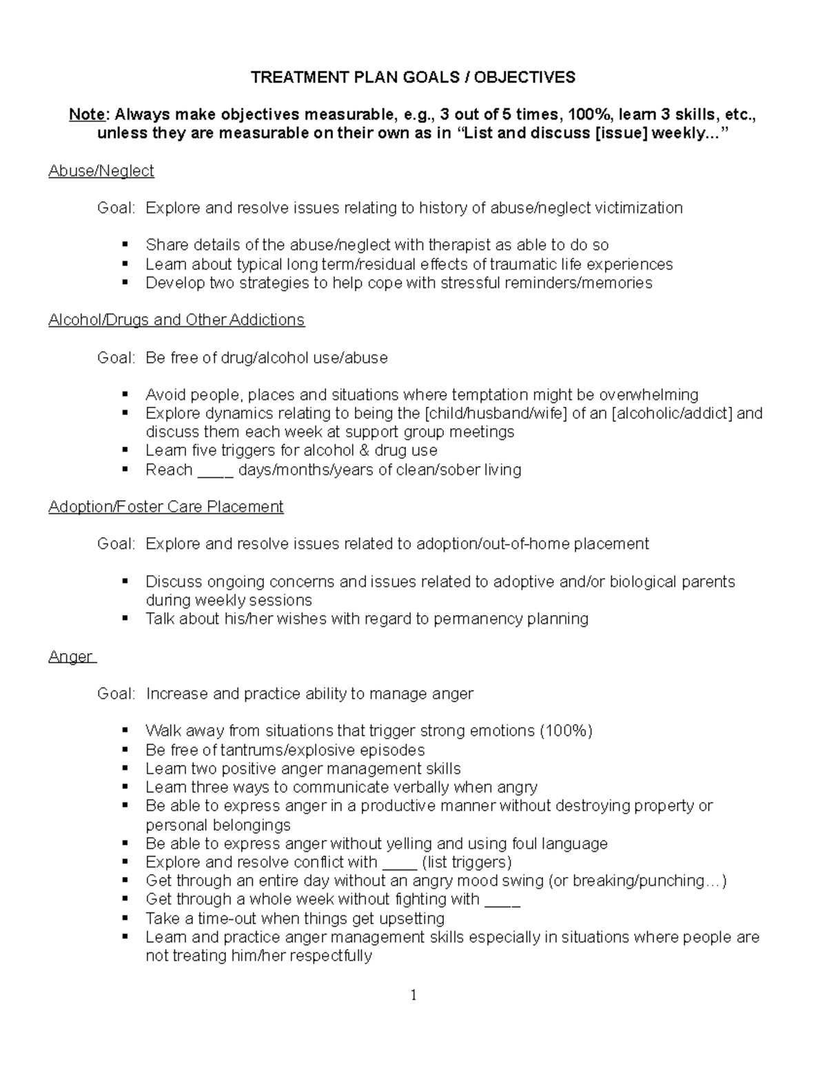 Goals and objectives examples - TREATMENT PLAN GOALS / OBJECTIVES Note ...