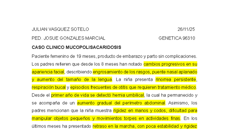 CASO CLÍNICO MUCOPOLISACARIDOSIS - JULIAN VASQUEZ SOTELO 96310 - Studocu