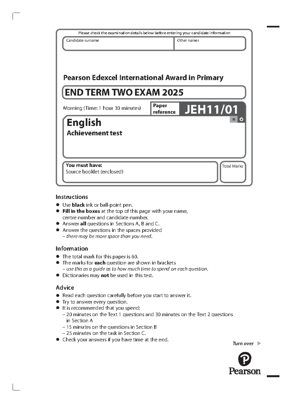 Edexcel International Award in Primary: END TERM TWO EXAM 2025 Details ...