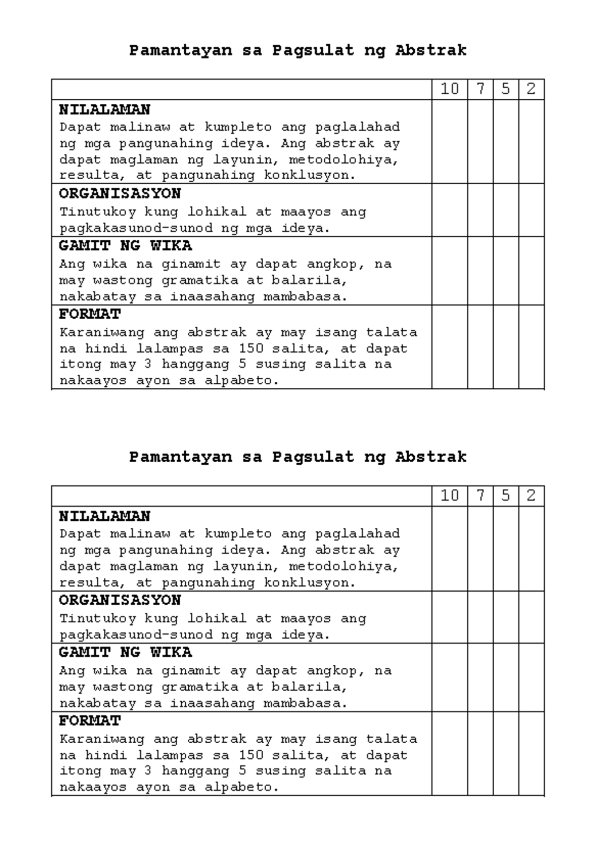 Pamantayan sa Pagsulat ng Abstrak para sa mga Mag-aaral - Studocu