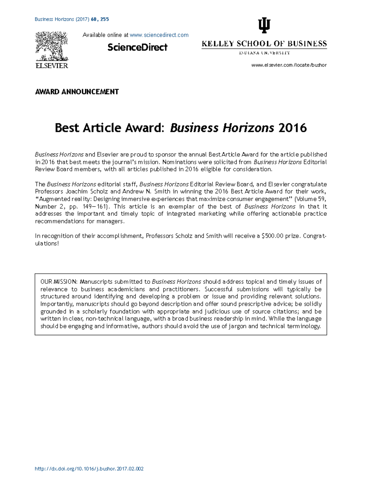 Best Article Award Announcement - Business Horizons 2016 - Studocu