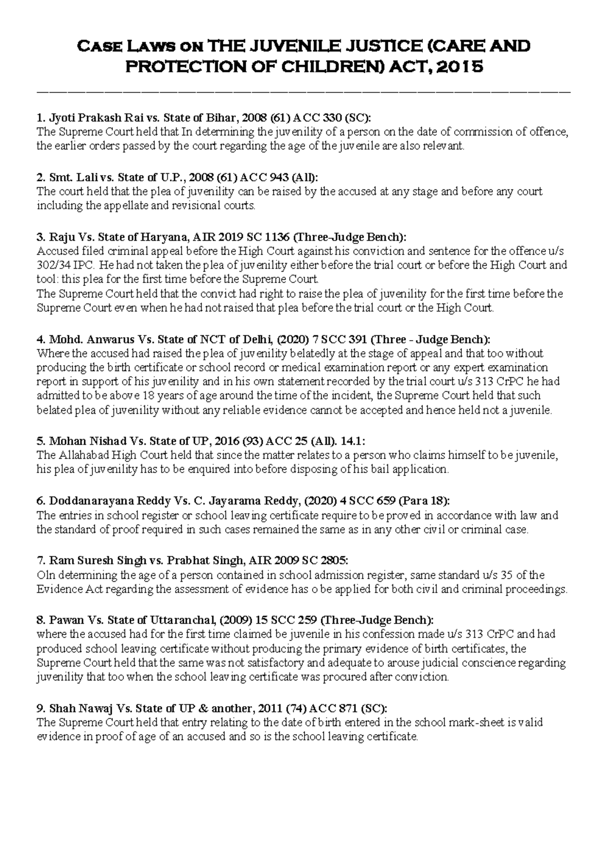 Case Laws on Juvenile Justice (Care & Protection) Act, 2015 - Studocu