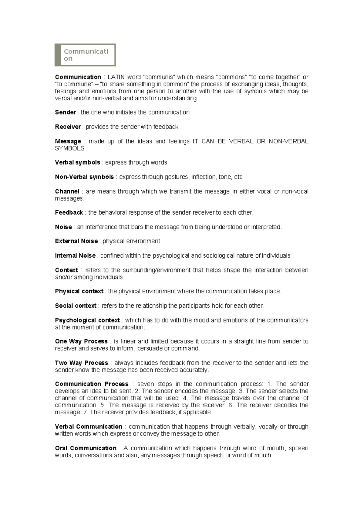 Communication Process Overview: Key Concepts and Definitions - Studocu
