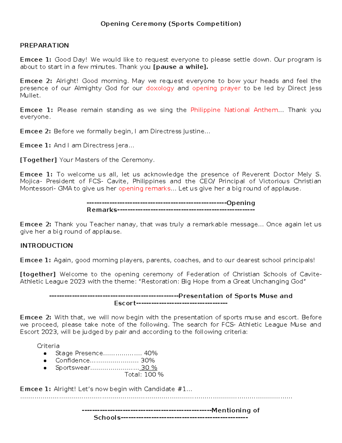 FCSAL 2023 Opening Ceremony Script for Sports Competition - Studocu