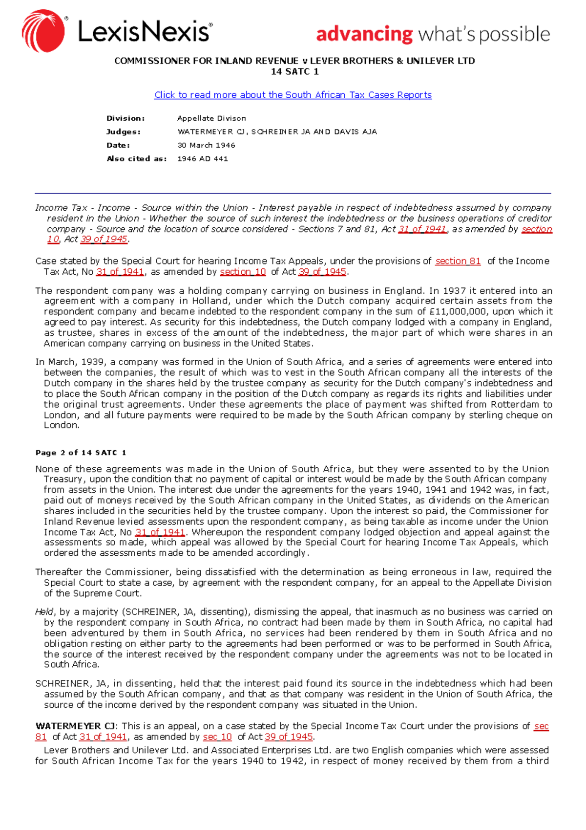 Commissioner for Inland Revenue v Lever Brothers & Unilever Ltd. 14 ...