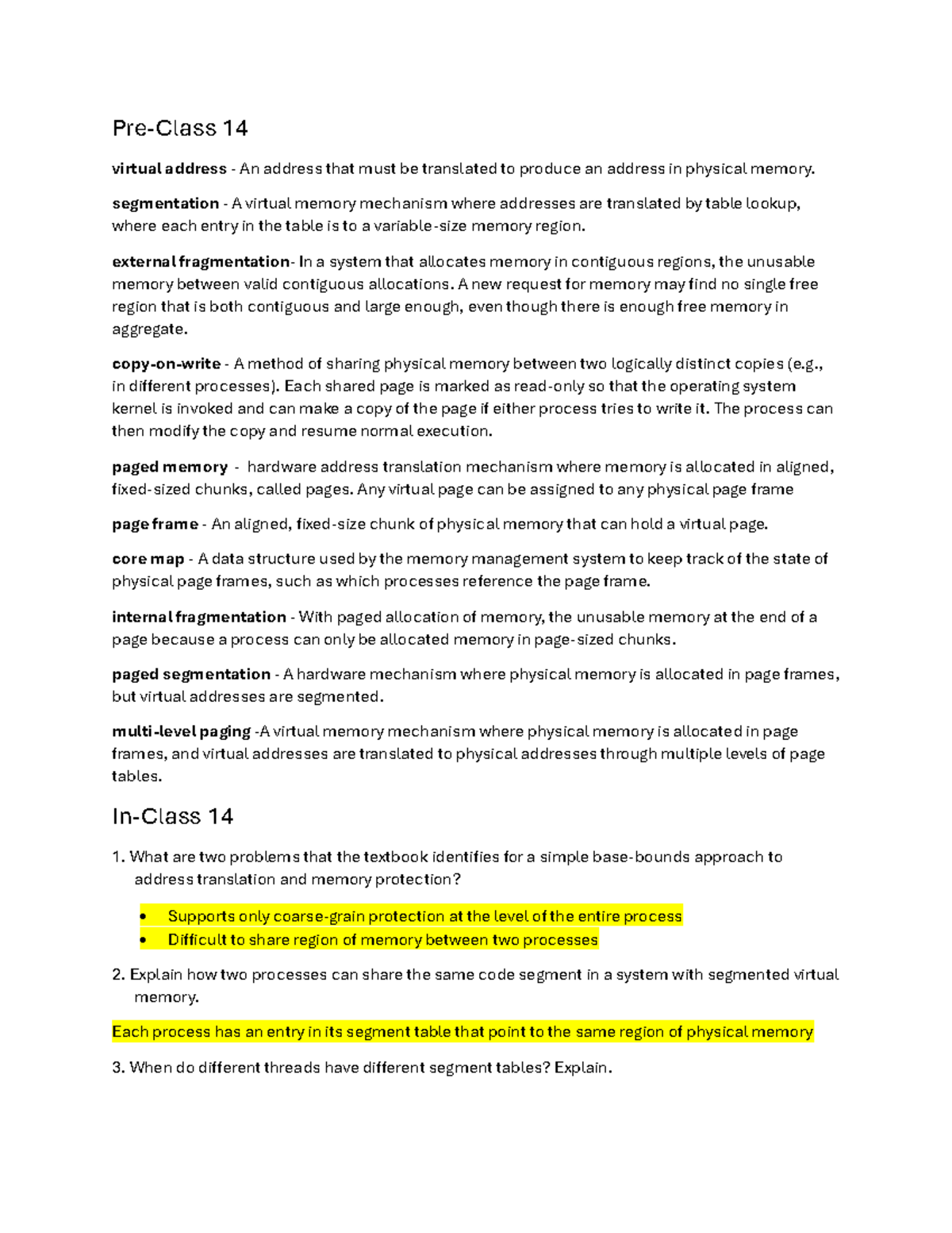 Midterm Exam Notes for CS101: Virtual Memory Management - Pre-Class 14 ...